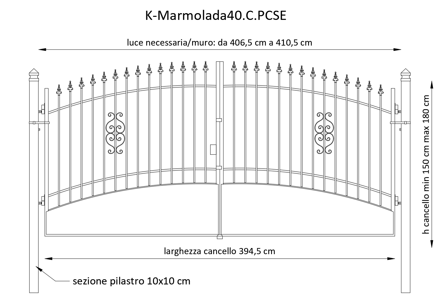 Cancello in ferro, apertura centrale, L 408.5 x 195 cm, di colore ...
