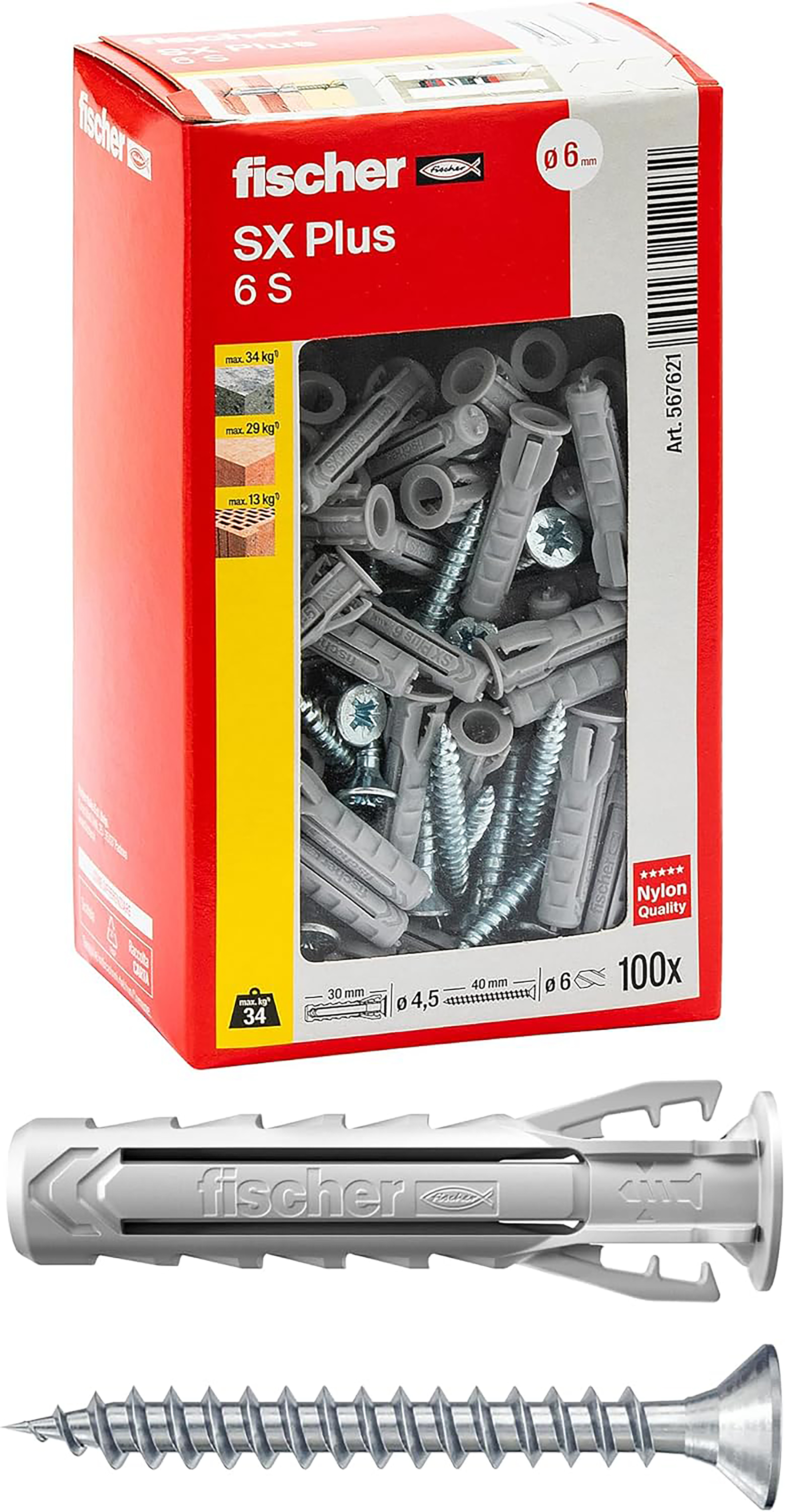 Set di tasselli con vite FISCHER SX Plus 6x30 S Tassello/Vite in nylon Ø 6 mm 100 pezzi | Leroy ...