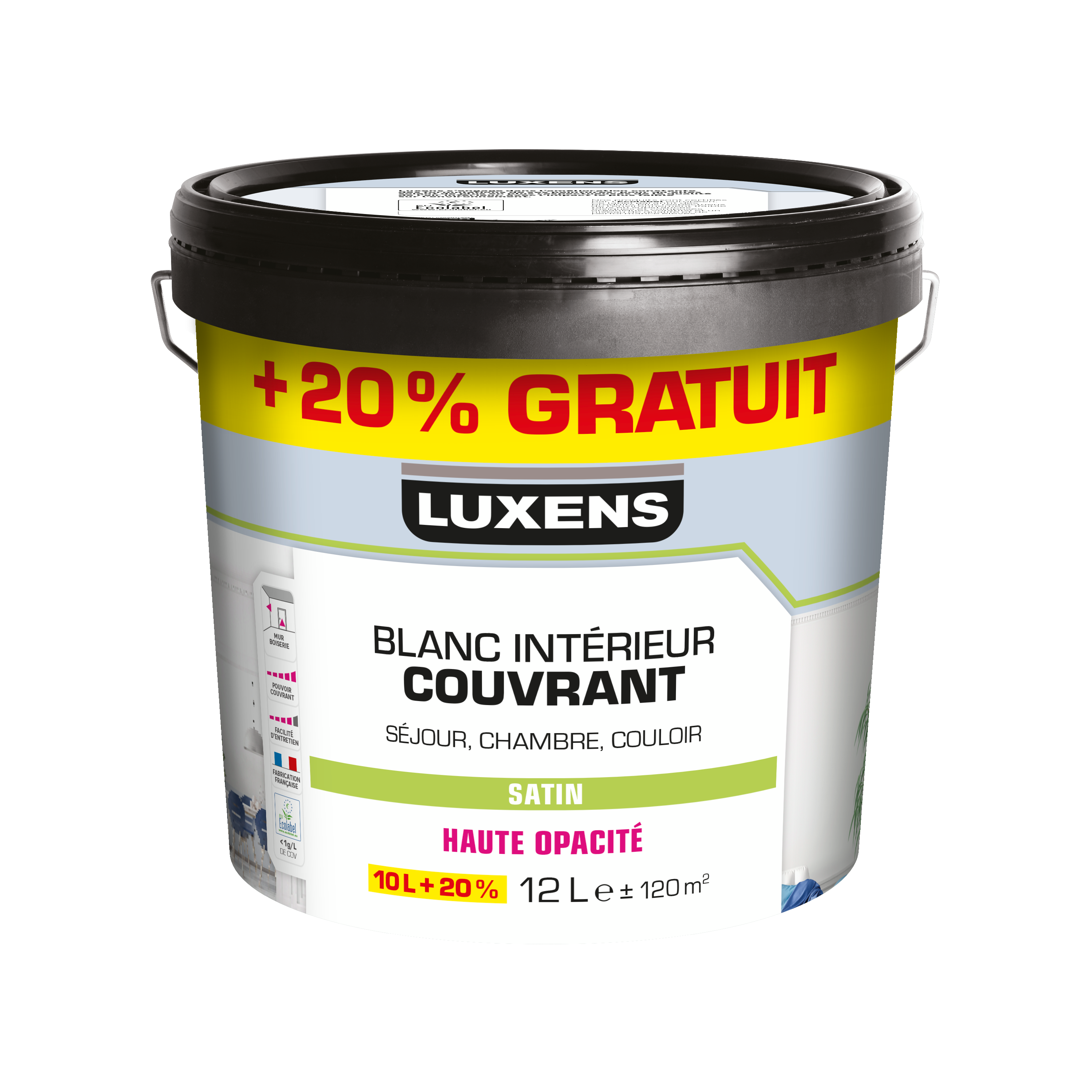 Peinture mur, boiserie blanc satin LUXENS Couvrant 10L+20% gratuit ...