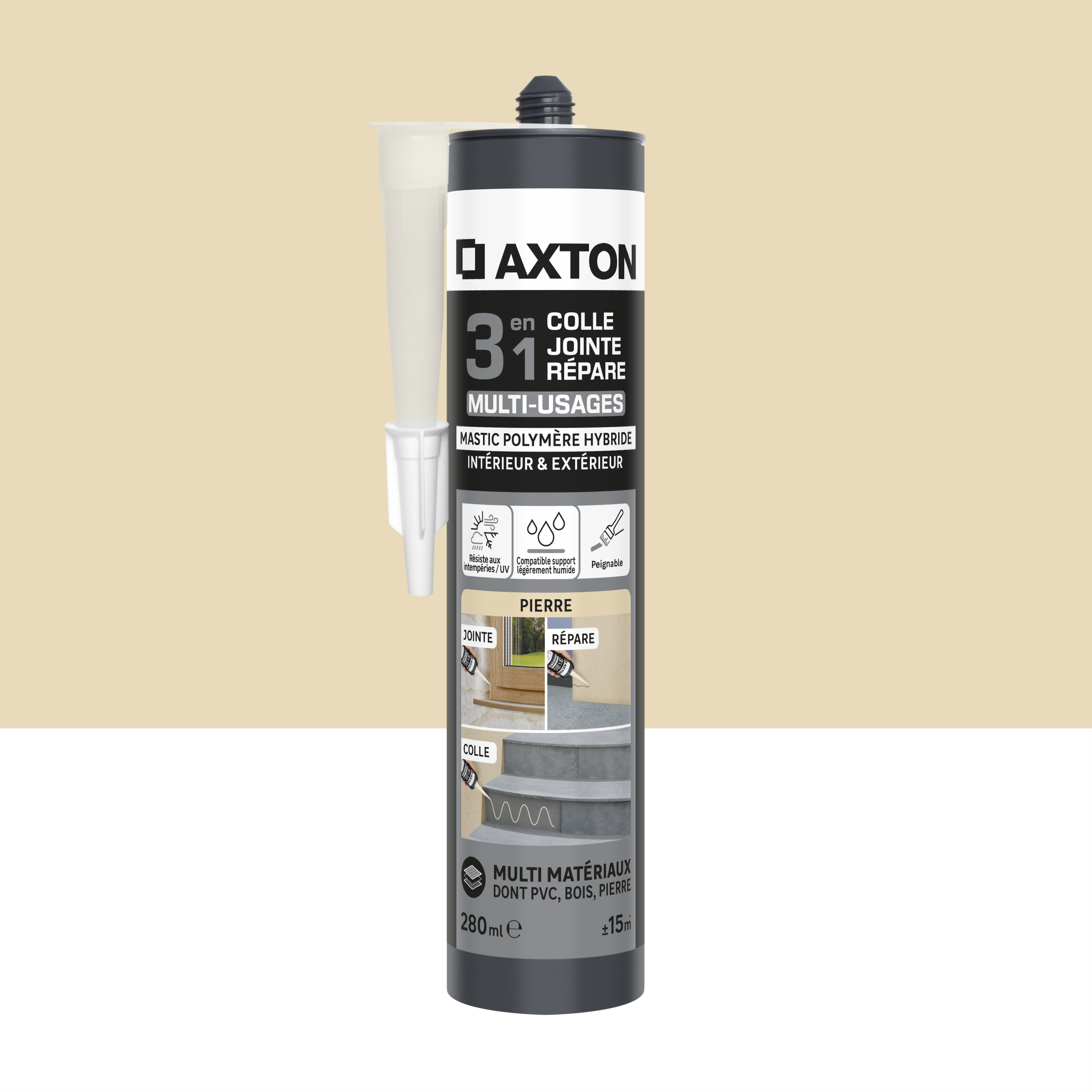 Mastic 3 en 1 multiusage polymère tous matériaux AXTON, beige, 280 ml ...
