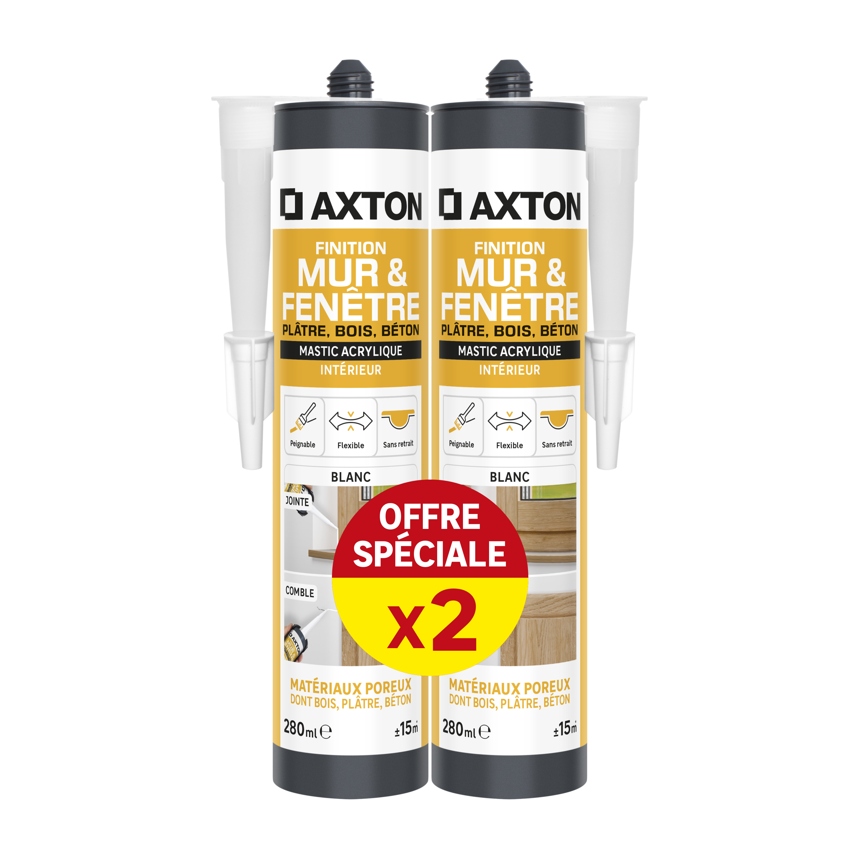 Lot de 2 mastics d'étanchéité Murs et fenêtres AXTON blanc, 560 ml | Leroy Merlin