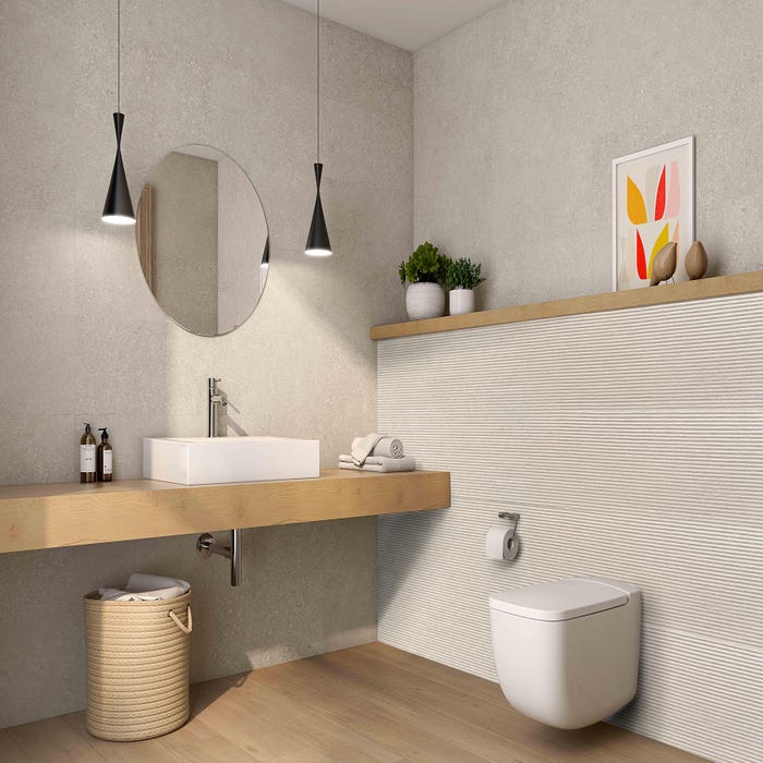 Azulejo cerámico Neutral efecto cemento palillería beige arena 30x90 cm ...