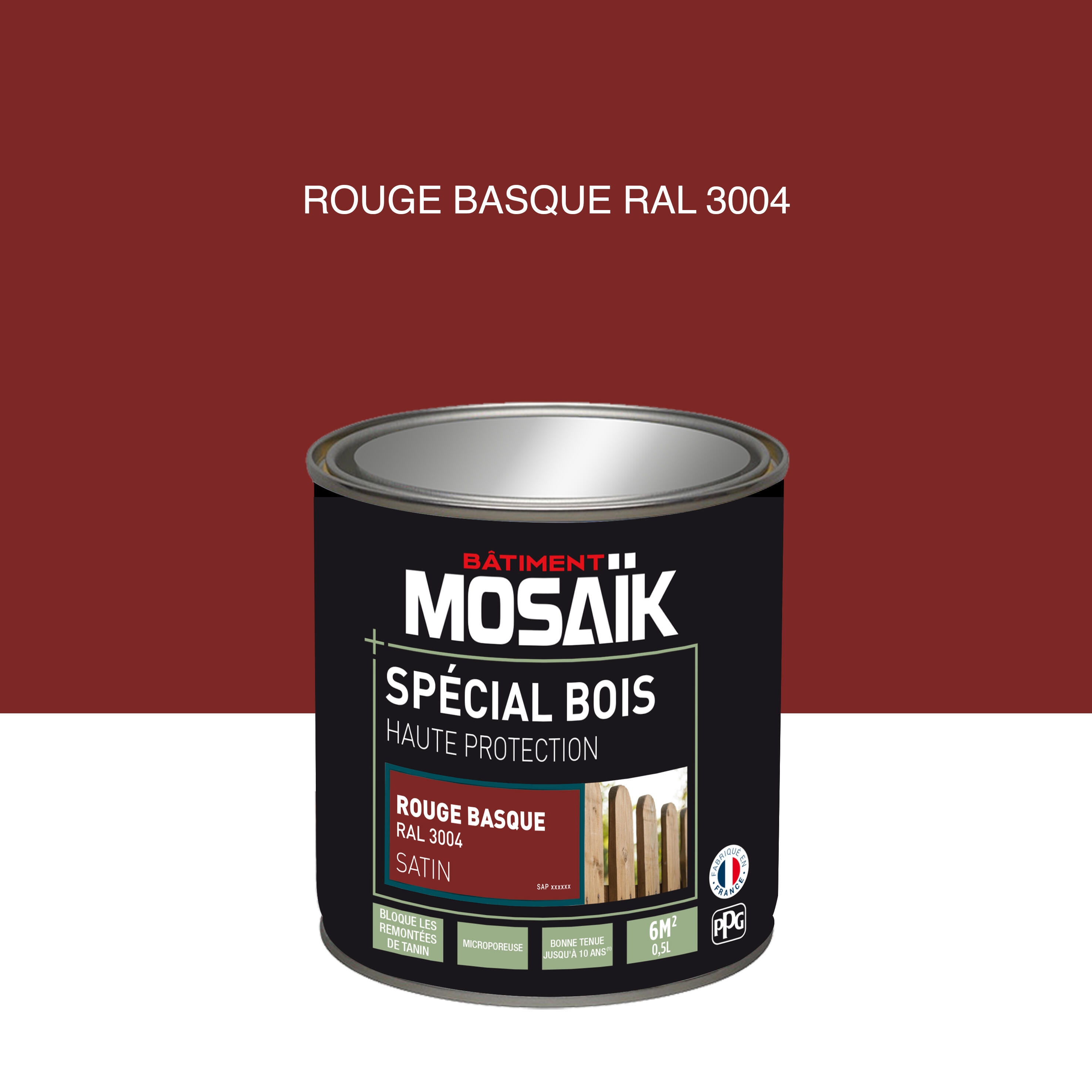 Peinture bois acrylique satin rouge basque RAL 3004 0,5 L - MOSAÏK ...