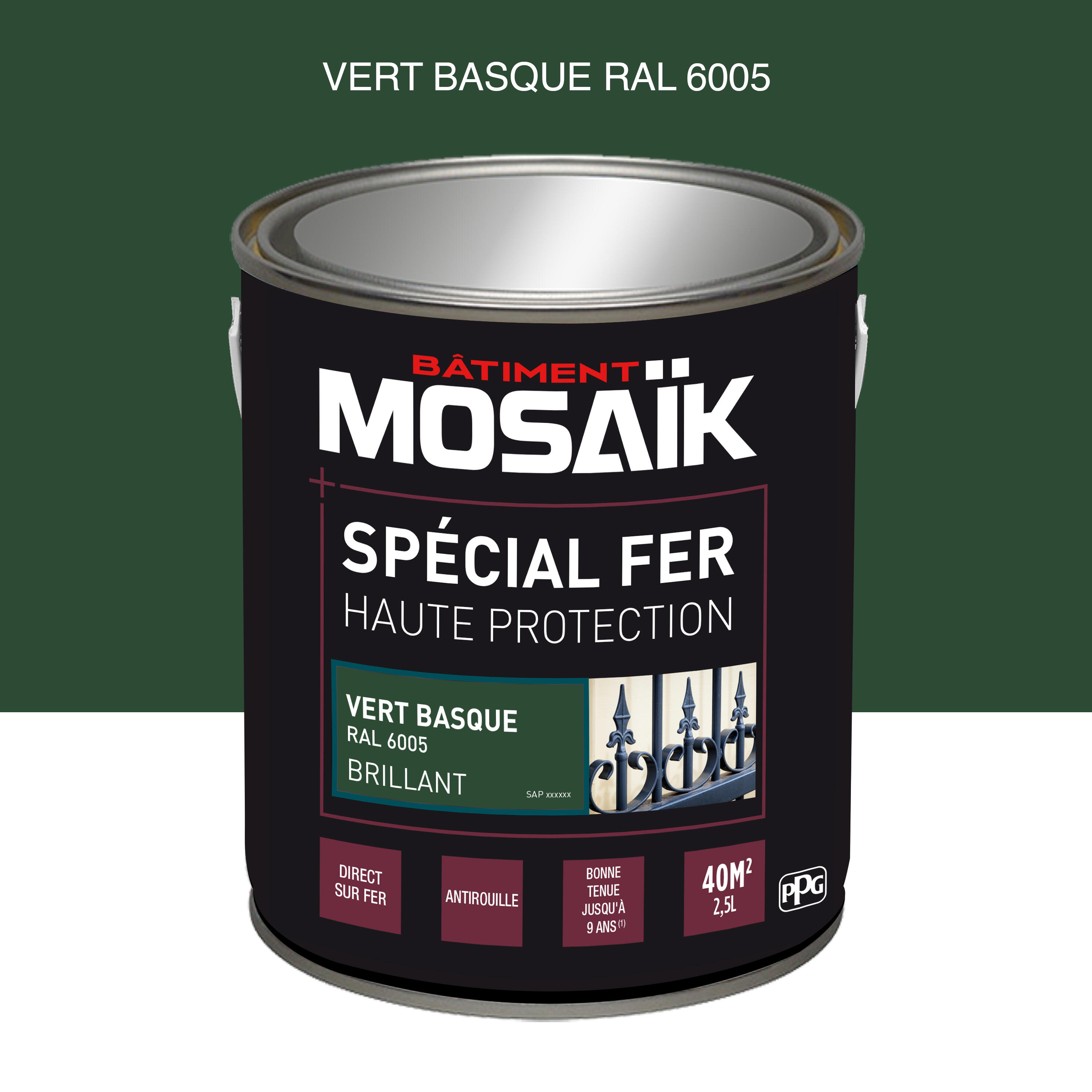 Peinture fer glycéro anti-rouille brillant vert basque RAL6005 2,5 L ...