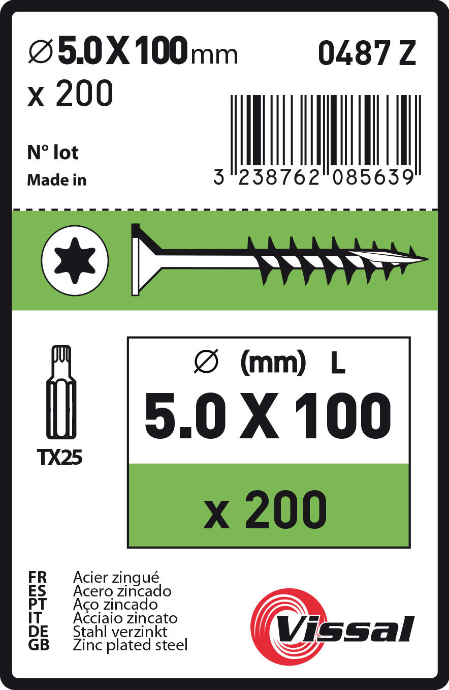 Vis bois agglo tête fraisée acier zingué TX 25 5 x 100 mm 200 pièces ...