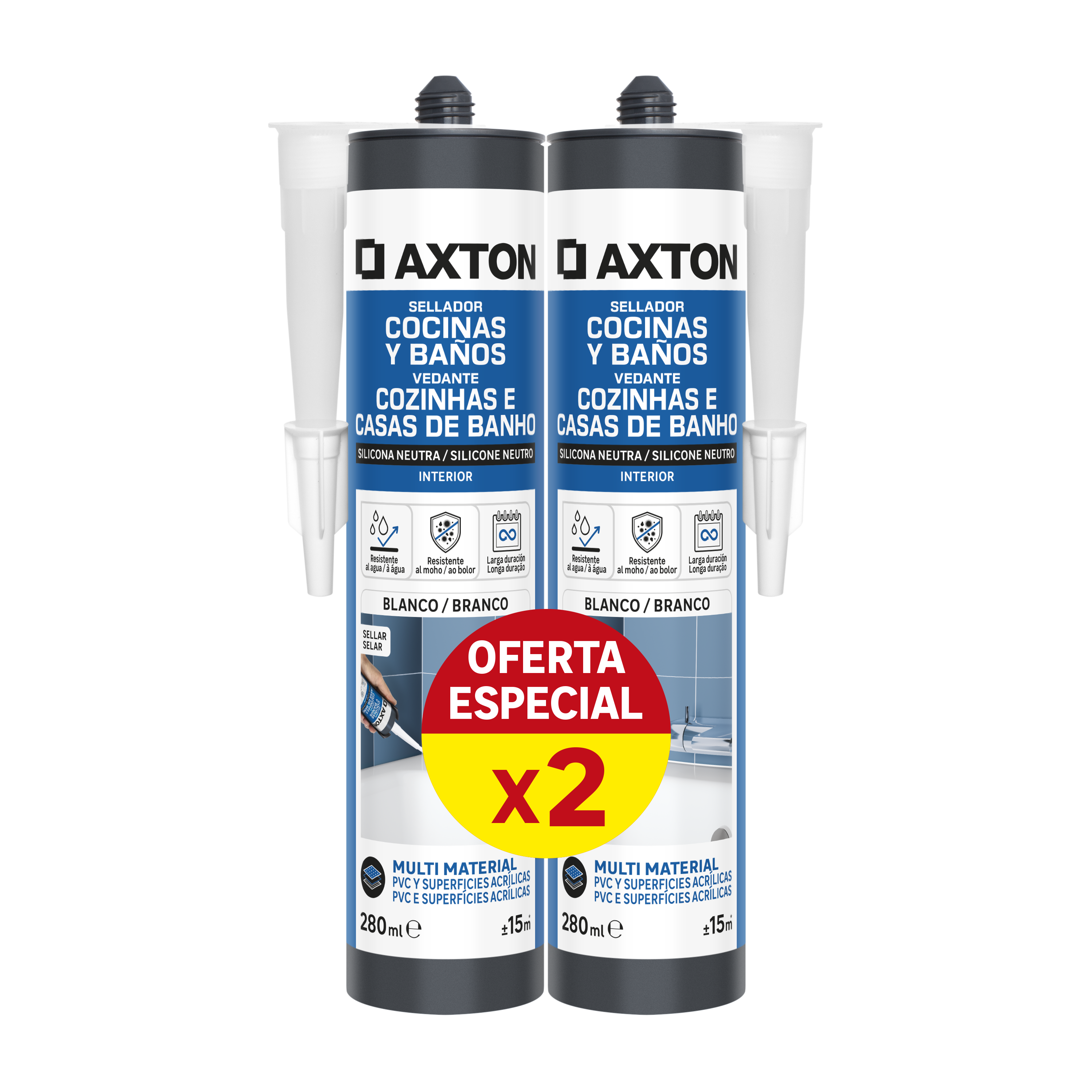 Pack de 2 siliconas neutra para cocinas y baños AXTON 280ml blanco | Leroy Merlin