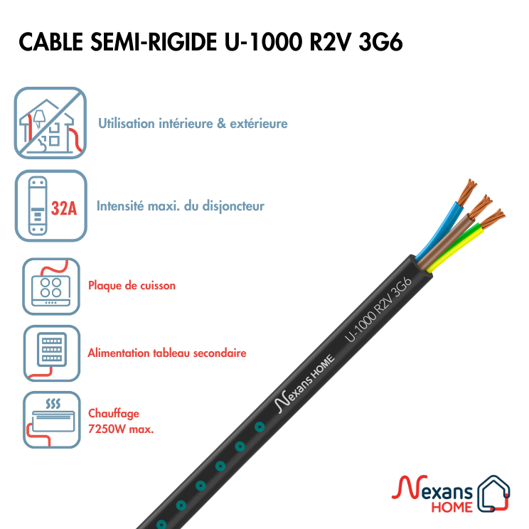 Câble électrique 3 G 6 mm² u1000r2v L.25 m, noir | Leroy Merlin