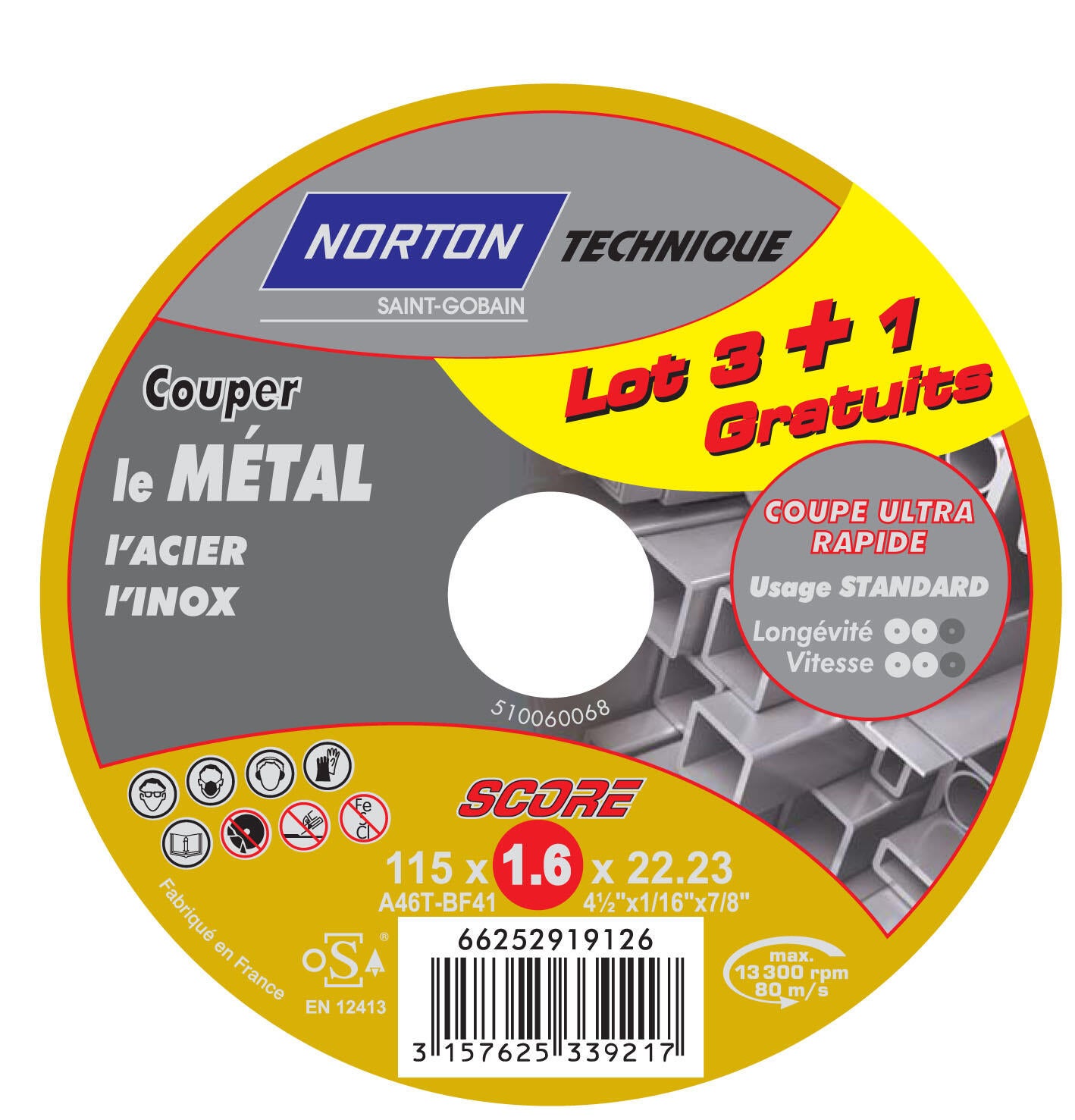 Disques à tronçonner pour métal et inox Diam.115 mm Lot de 3+1 - NORTON ...