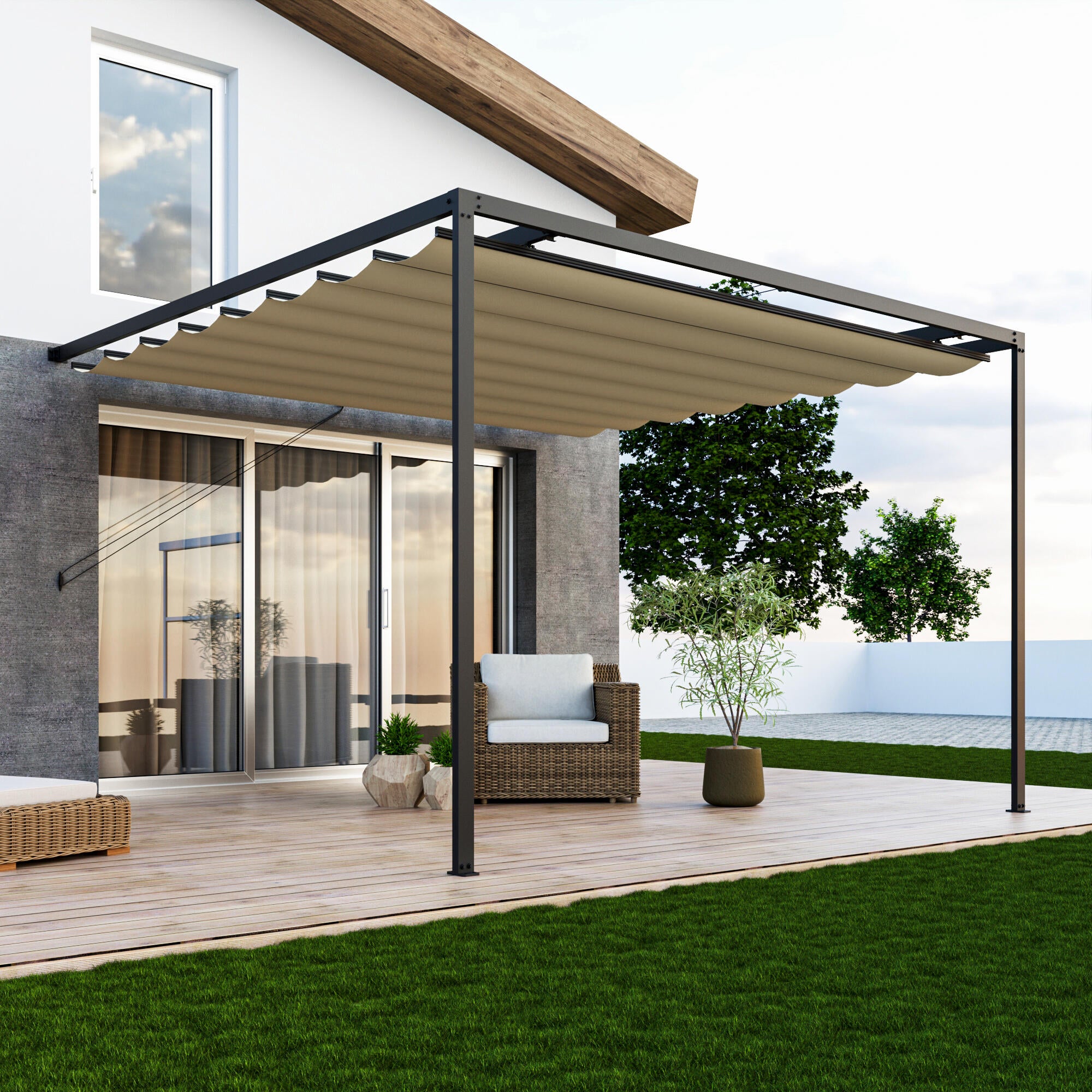 Pérgola de aluminio Niza de estructura gris y tela beige de 300x300 cm ...
