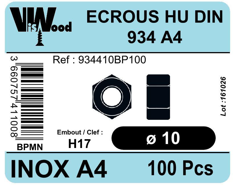 Ecrou d10 inox a4 boite de 100 | Bricoman