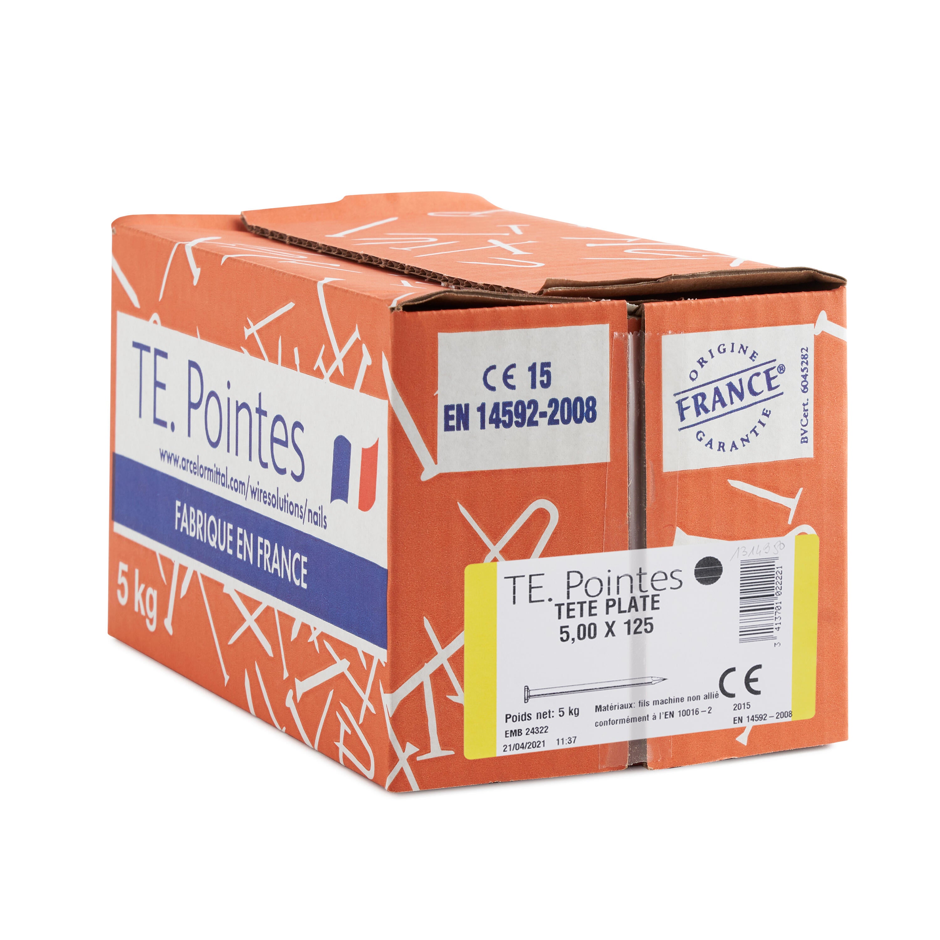 Pointe tête plate claire Diam.5,0xL.125 mm boite de 5kg | Bricoman