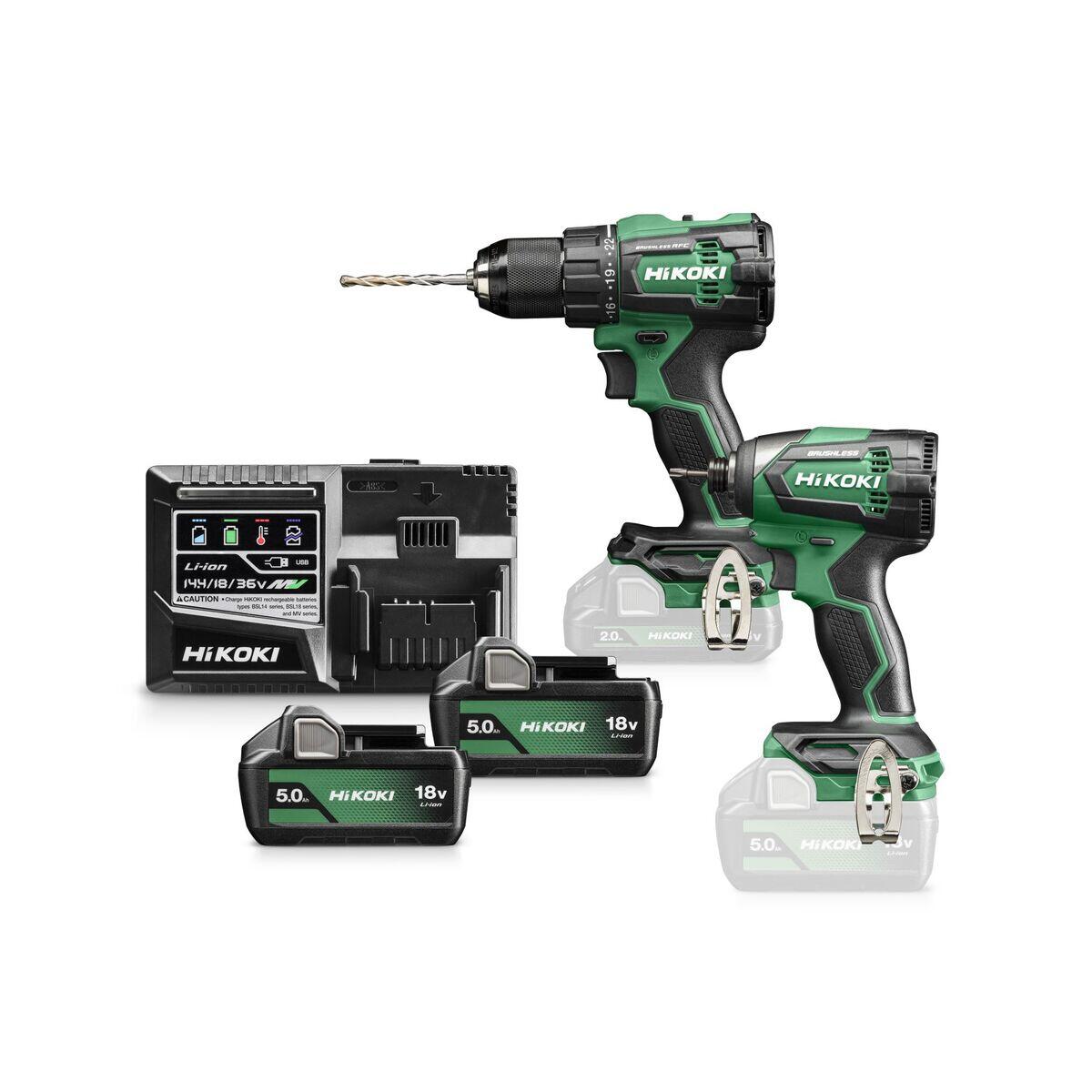 Lot 2 outils 18V : perceuse visseuse à percussion et visseuse à chocs + 2 batteries 5Ah ...