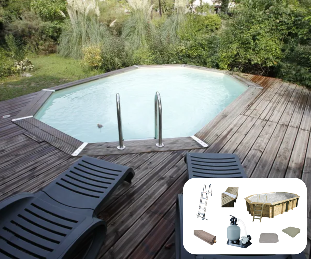 Piscine bois octogonale Ouessant, liner gris, UBBINK L.6.1 x l.4 x H.1. ...