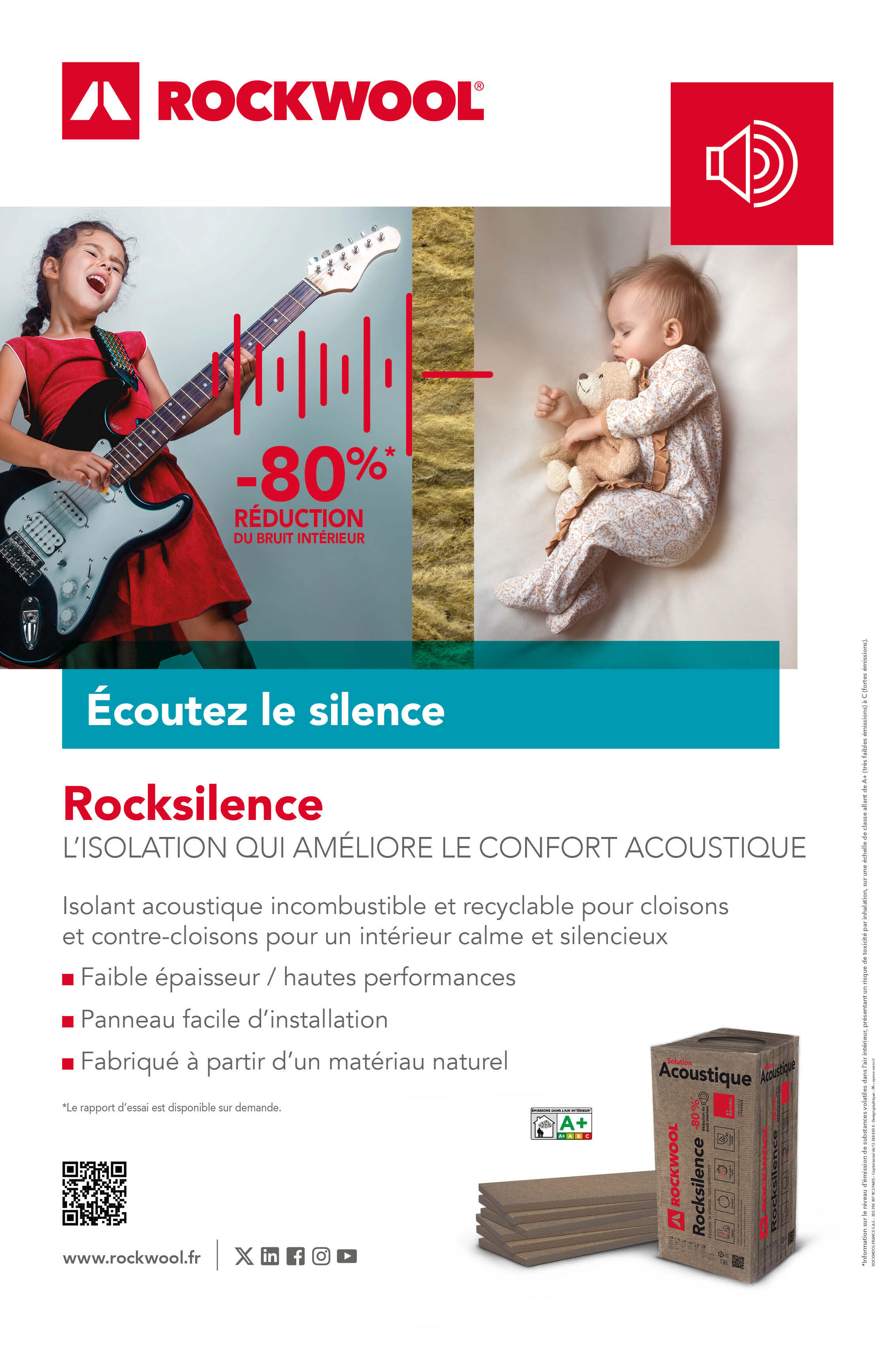 Panneau de laine de roche ROCKWOOL Rocksilence, Ep.40mm, 1.35x0.6m | Leroy Merlin