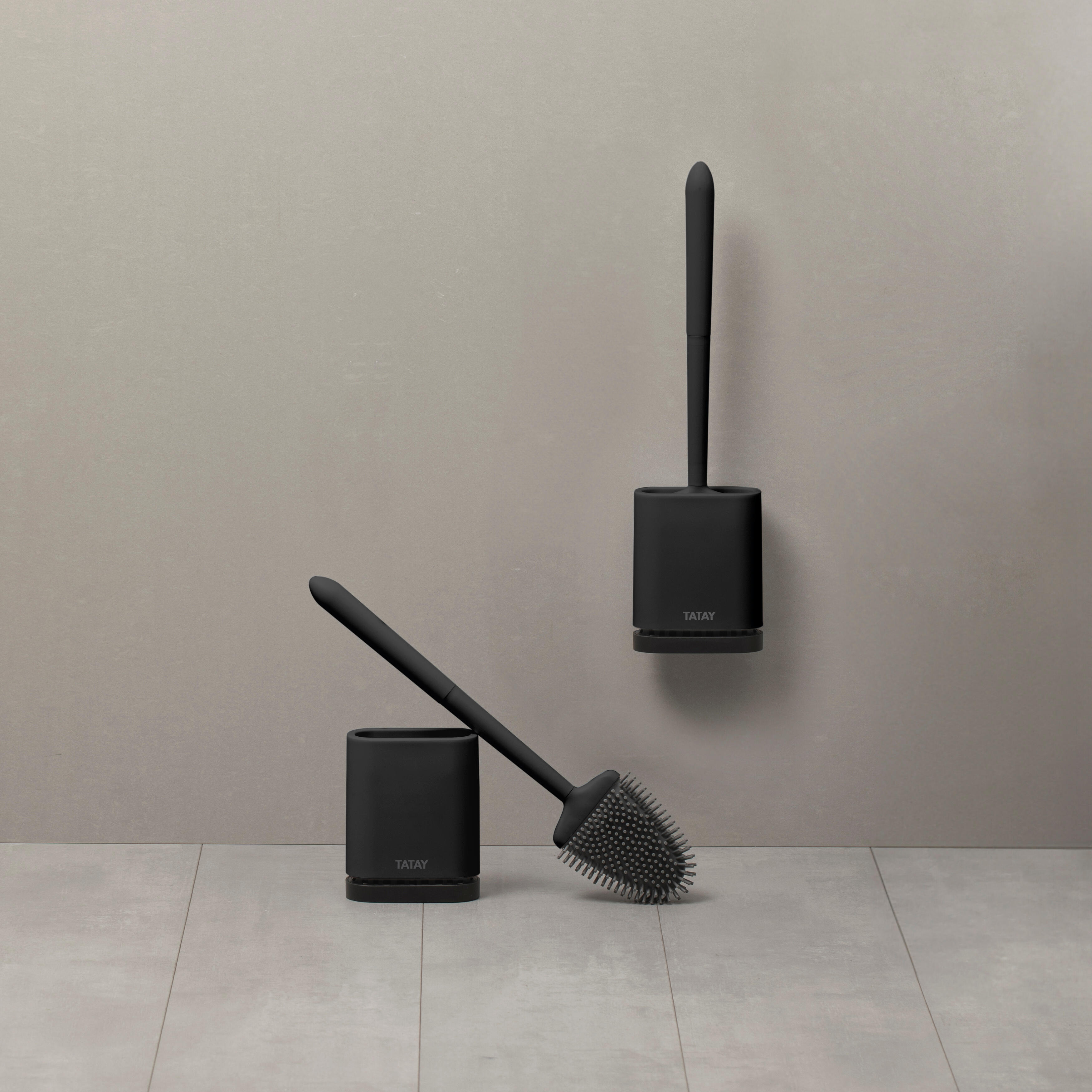 Pot avec brosse WC intégrée noir auto-adhésif Silicone TATAY | Leroy Merlin