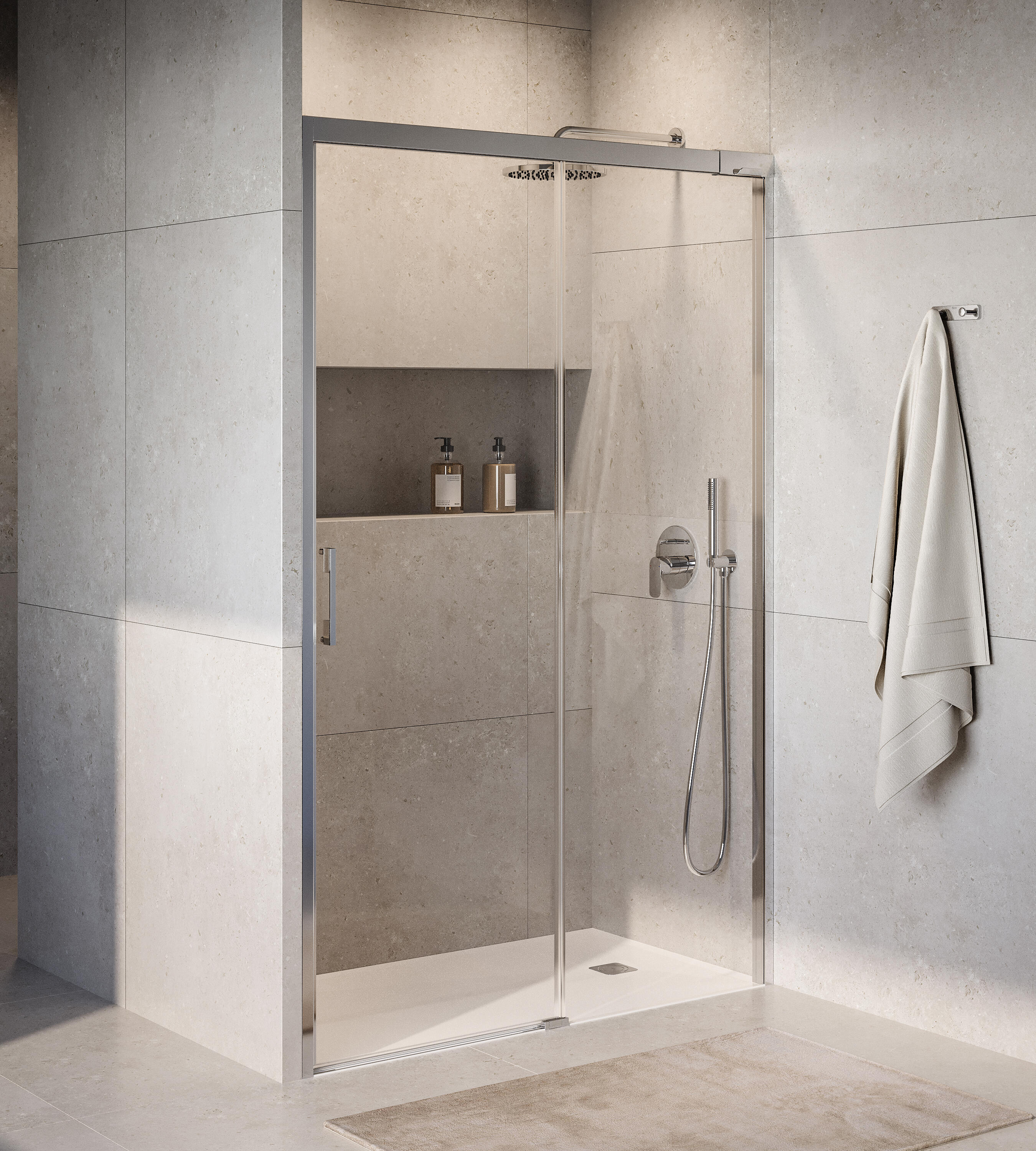 Mampara de ducha frontal 1 fijo + 1 puerta corredera transparente Apolo perfil aluminio cromo ...