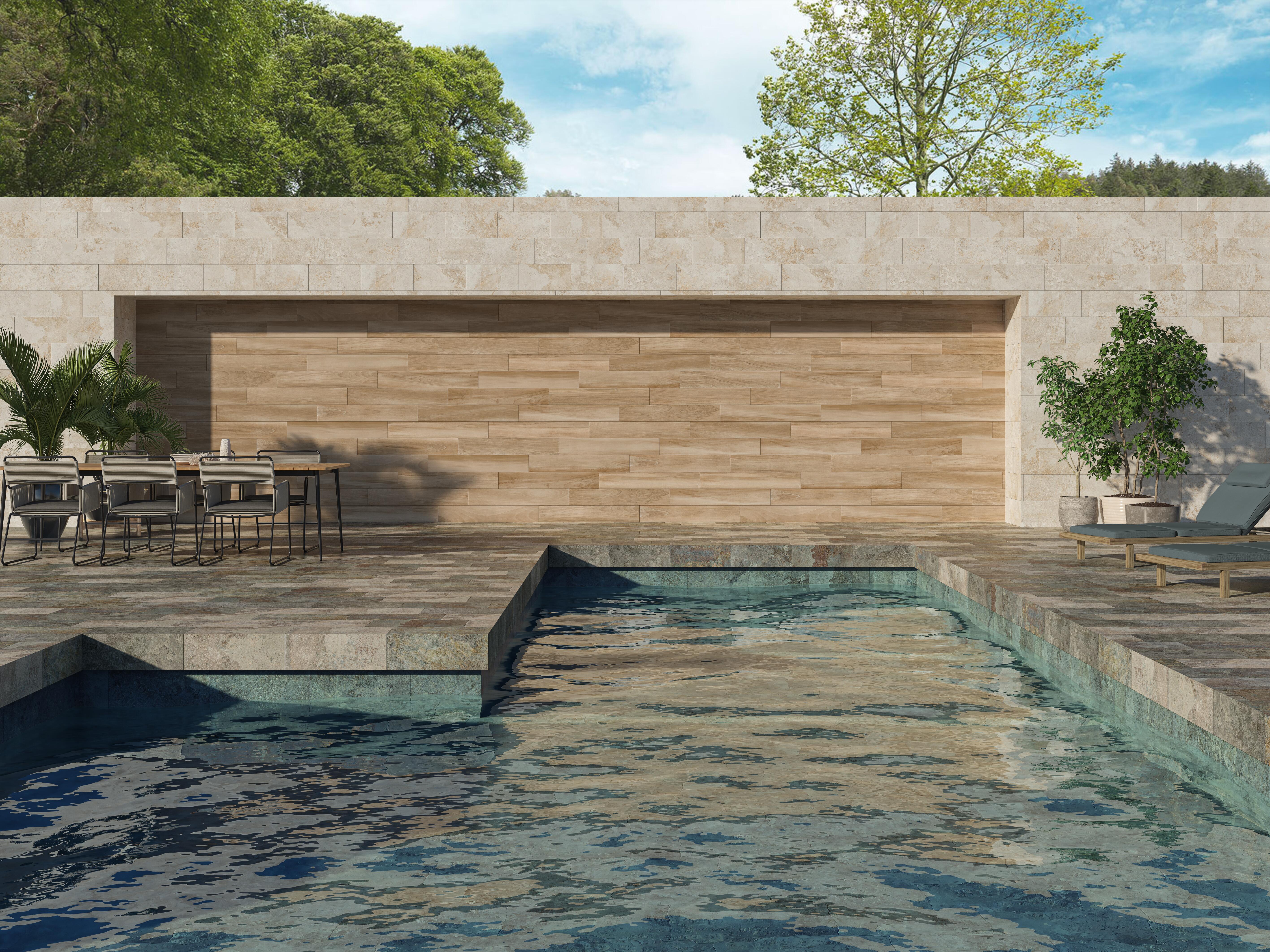 Suelo piscina porcelánico Ibor efecto piedra turquesa 30.3x61.3 cm C3 ...