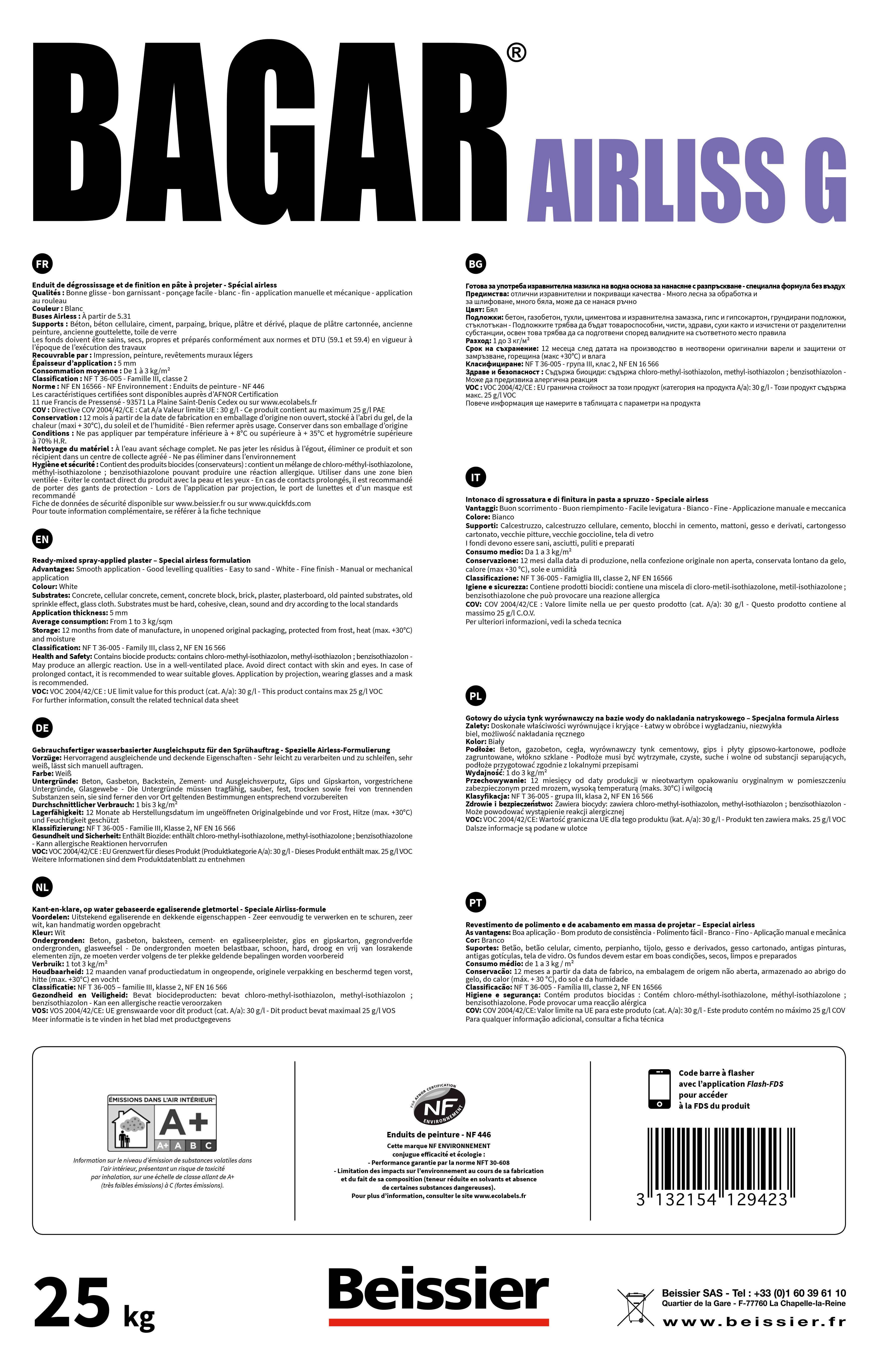 Enduit garnissant en pâte airless intérieur 25 kg - Airliss G BAGAR ...