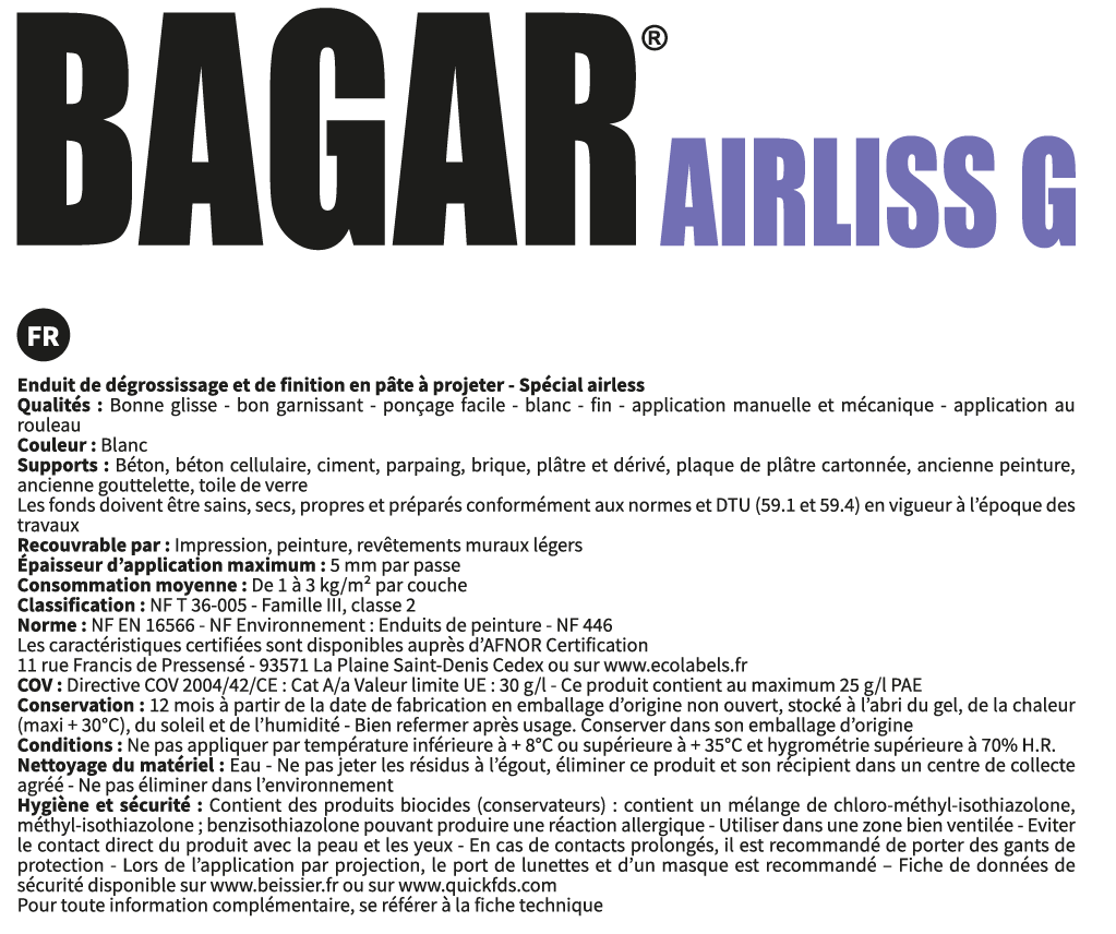 Enduit garnissant en pâte airless intérieur 25 kg - Airliss G BAGAR ...