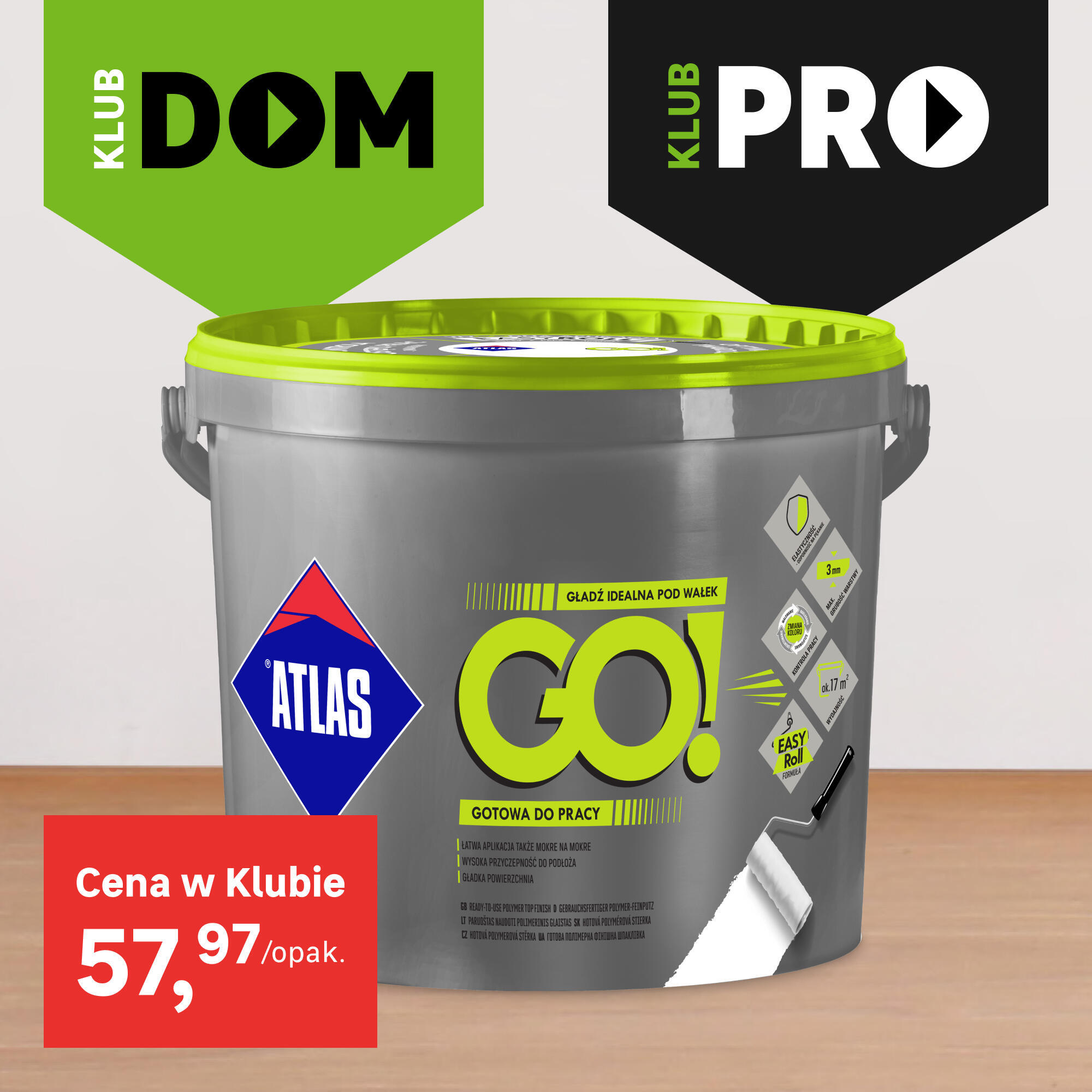 Gotowa gładź szpachlowa pod wałek ATLAS GO! 25 kg - Leroy Merlin