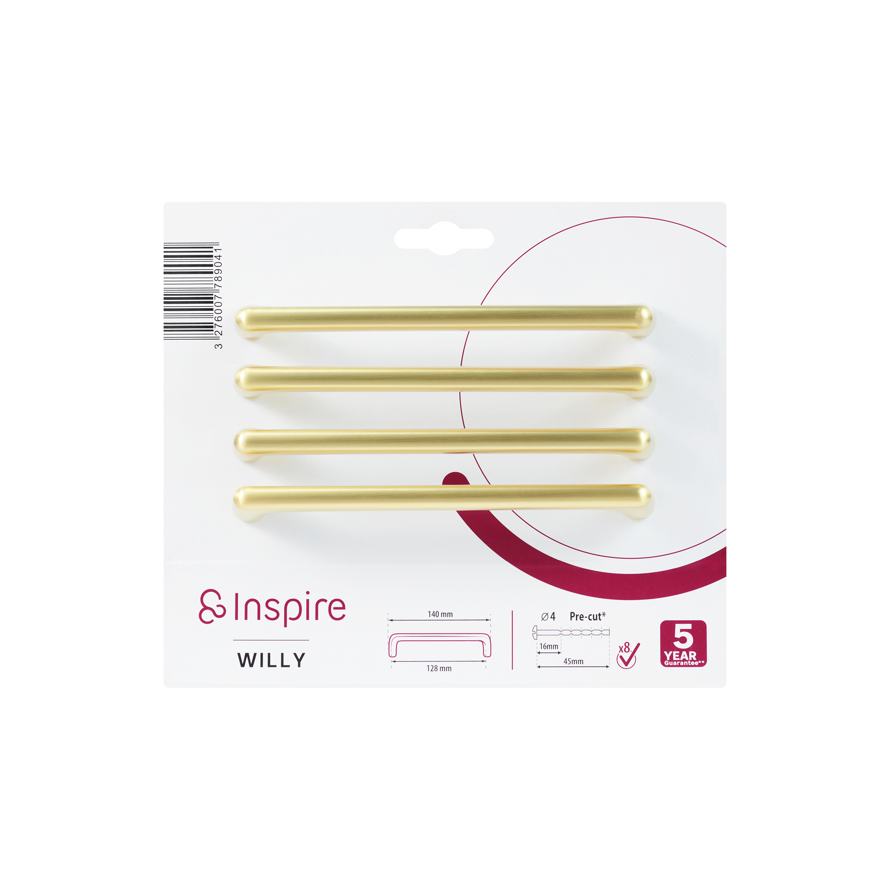 4 Tiradores de mueble INSPIRE Willy latón mate distancia entre eje 128 ...