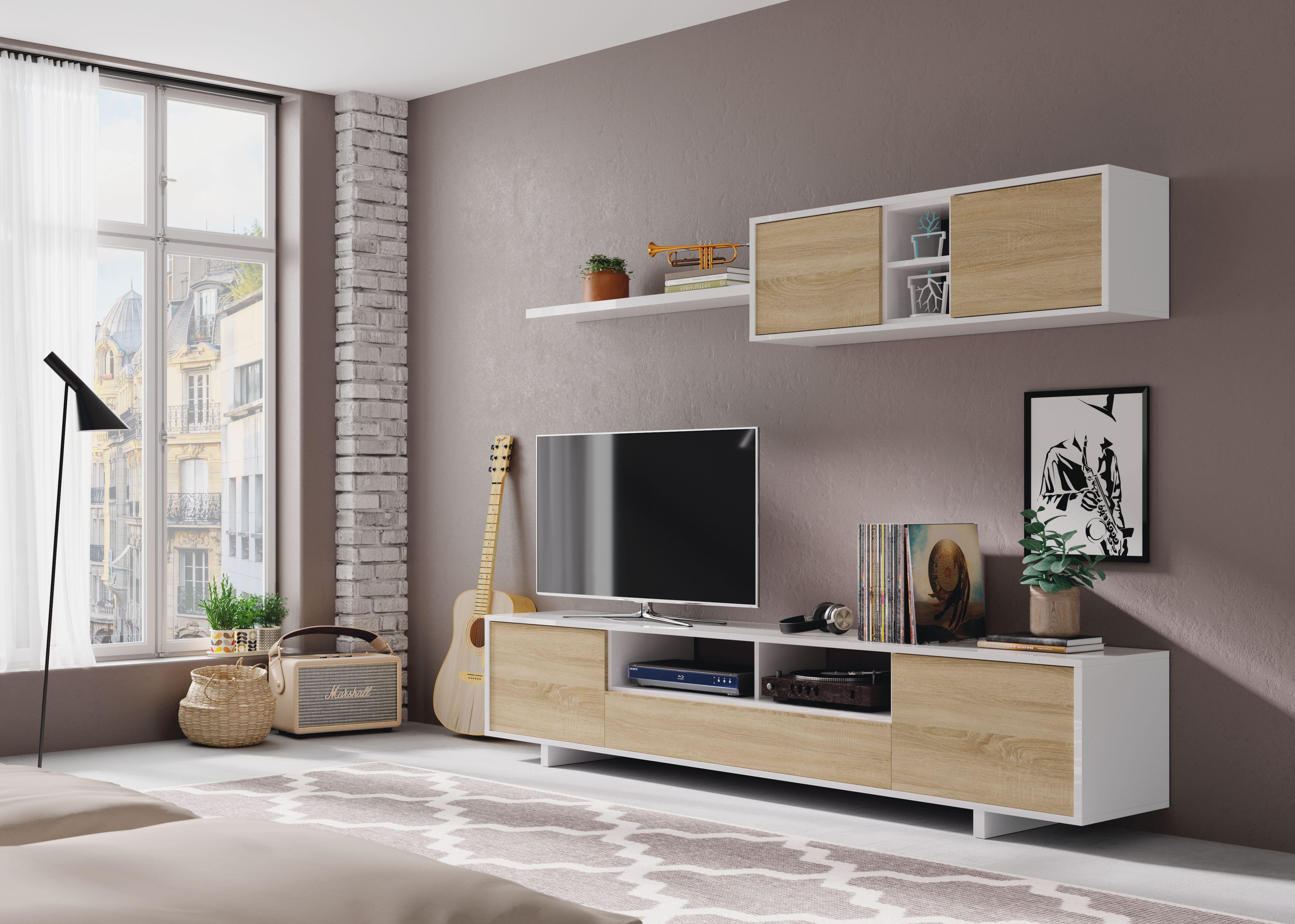 Mueble de salón TV Belus Blanco brillo / Roble 46x200x41 cm (altox ...