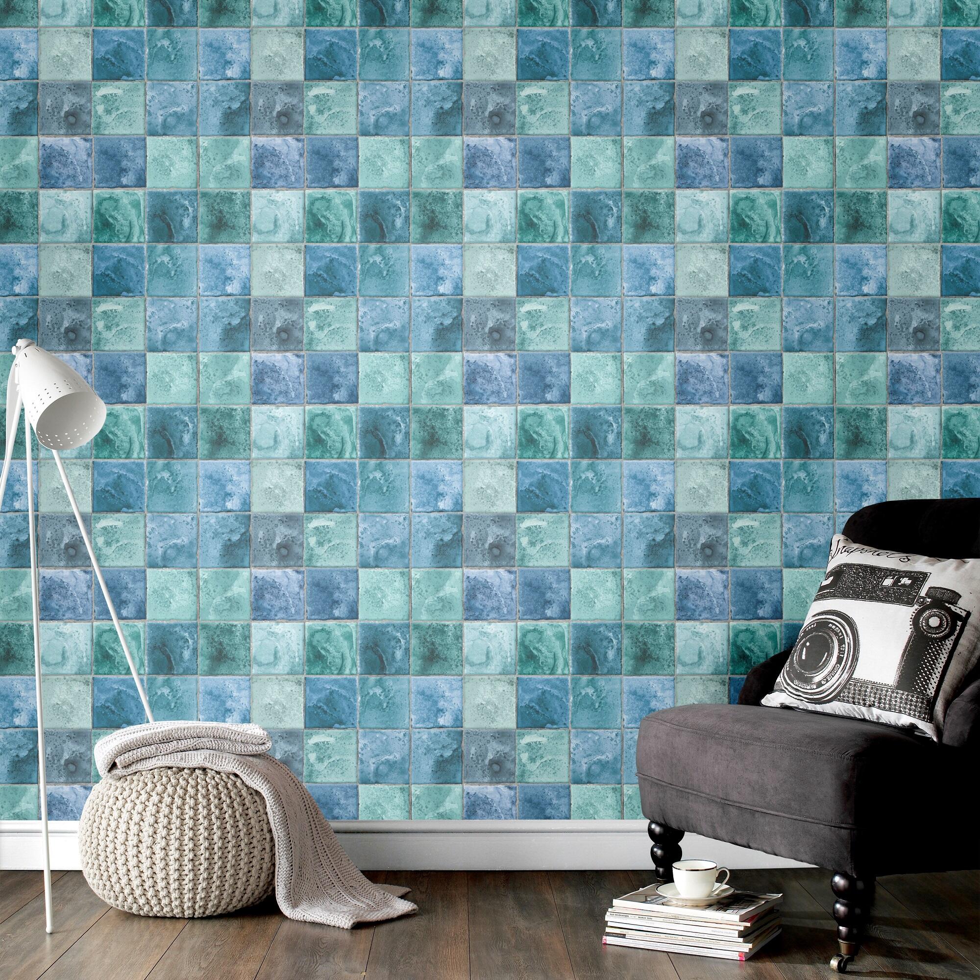 Papel pintado vinílico Azulejo gris/azul 0,53x10,05 metros | Leroy Merlin