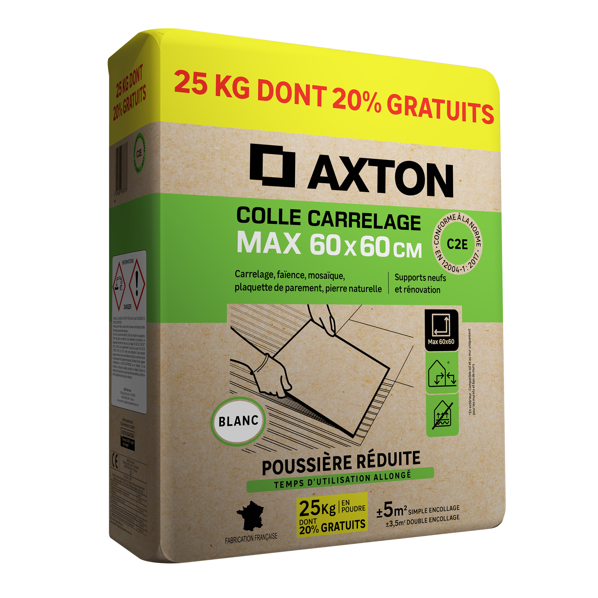 Colle en poudre sol/mur, int/ext, max 60X60cm,blanc dont 20% gratuits AXTON 25KG | Leroy Merlin