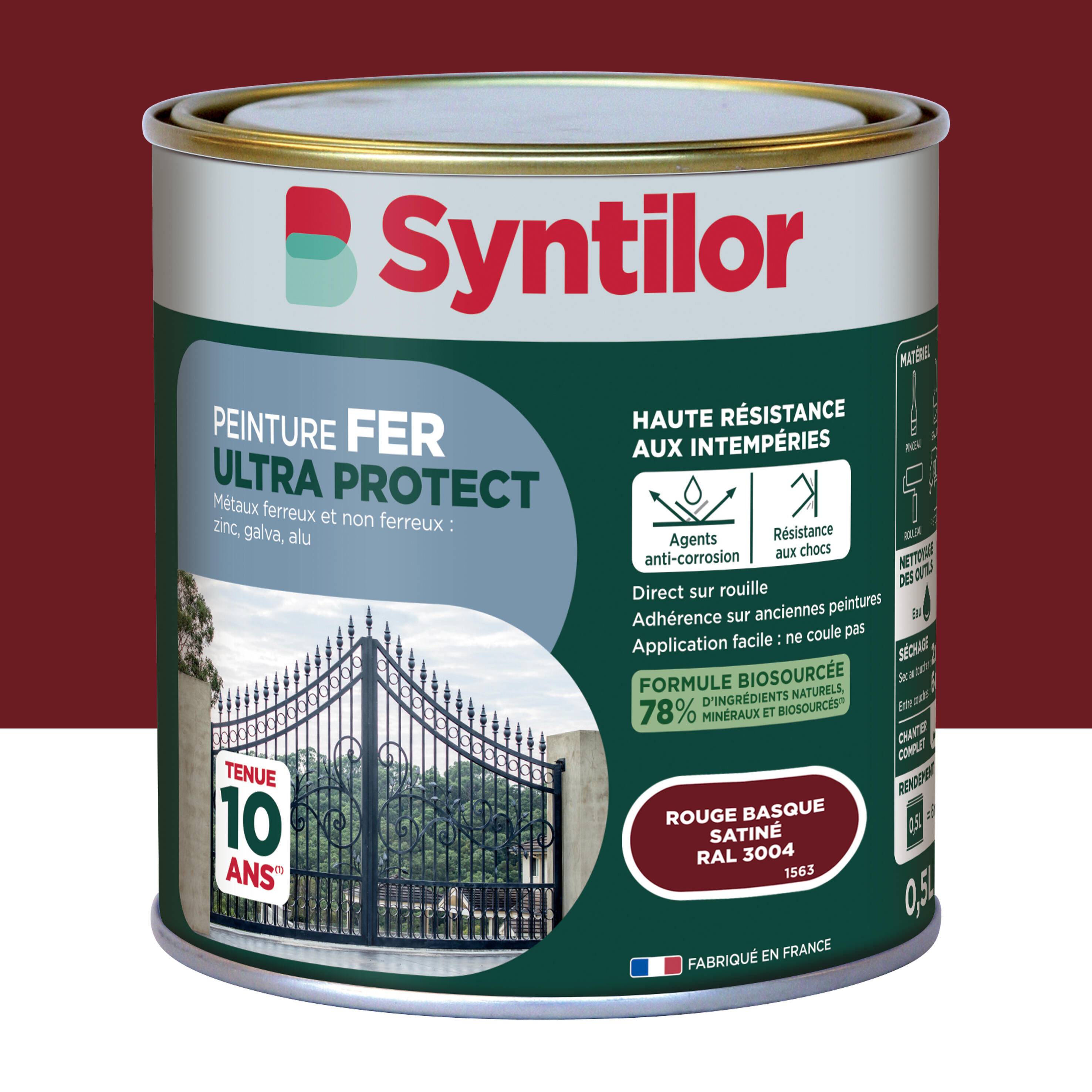 Peinture extérieure fer Ultra protect SYNTILOR rouge basque satiné 0.5l ...