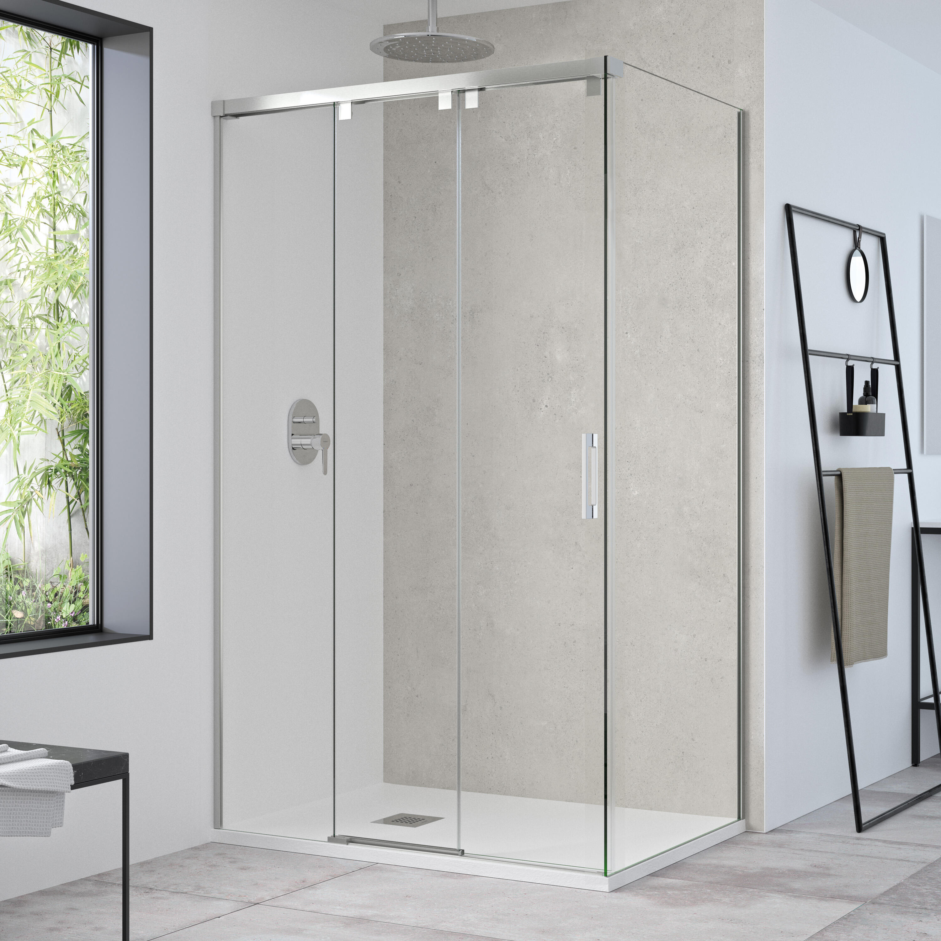 Mampara de ducha frontal con panel fijo lateral corredero transparente Tovar perfil plata (106 ...