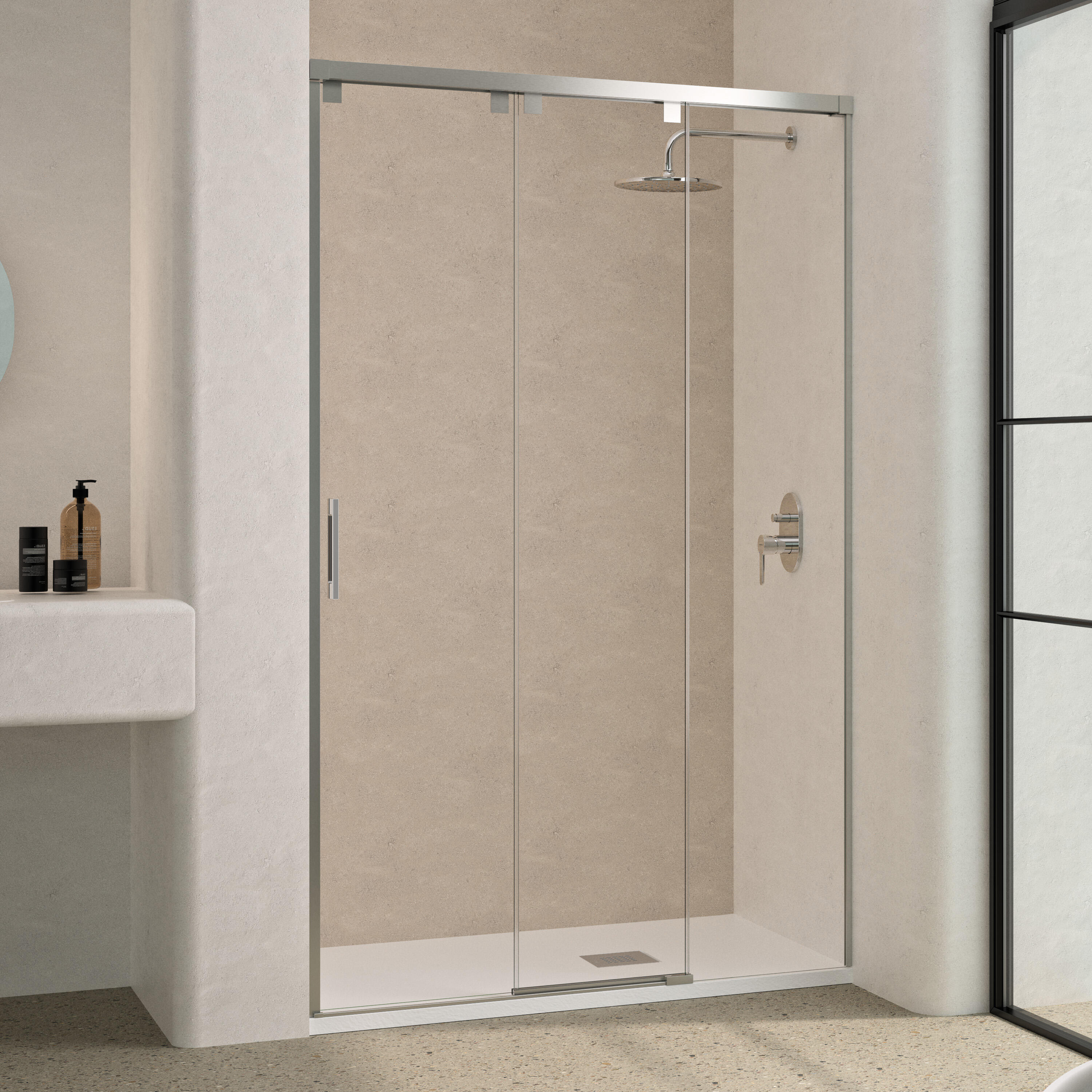Mampara de ducha frontal 1 fijo + 2 puertas corredera transparente ...