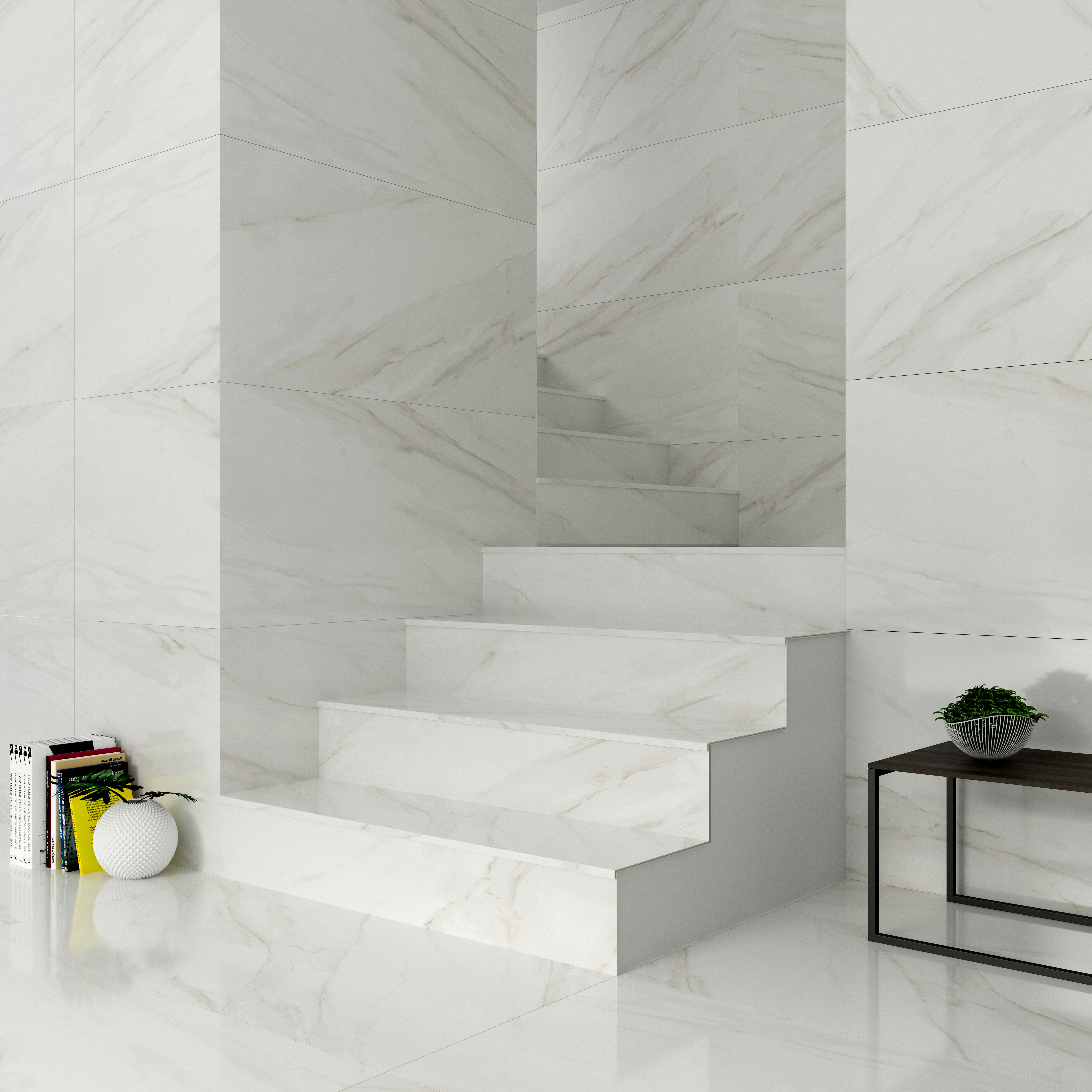 Peldaño gres porcelánico Marmi efecto mármol white 120x30cm espesor ...