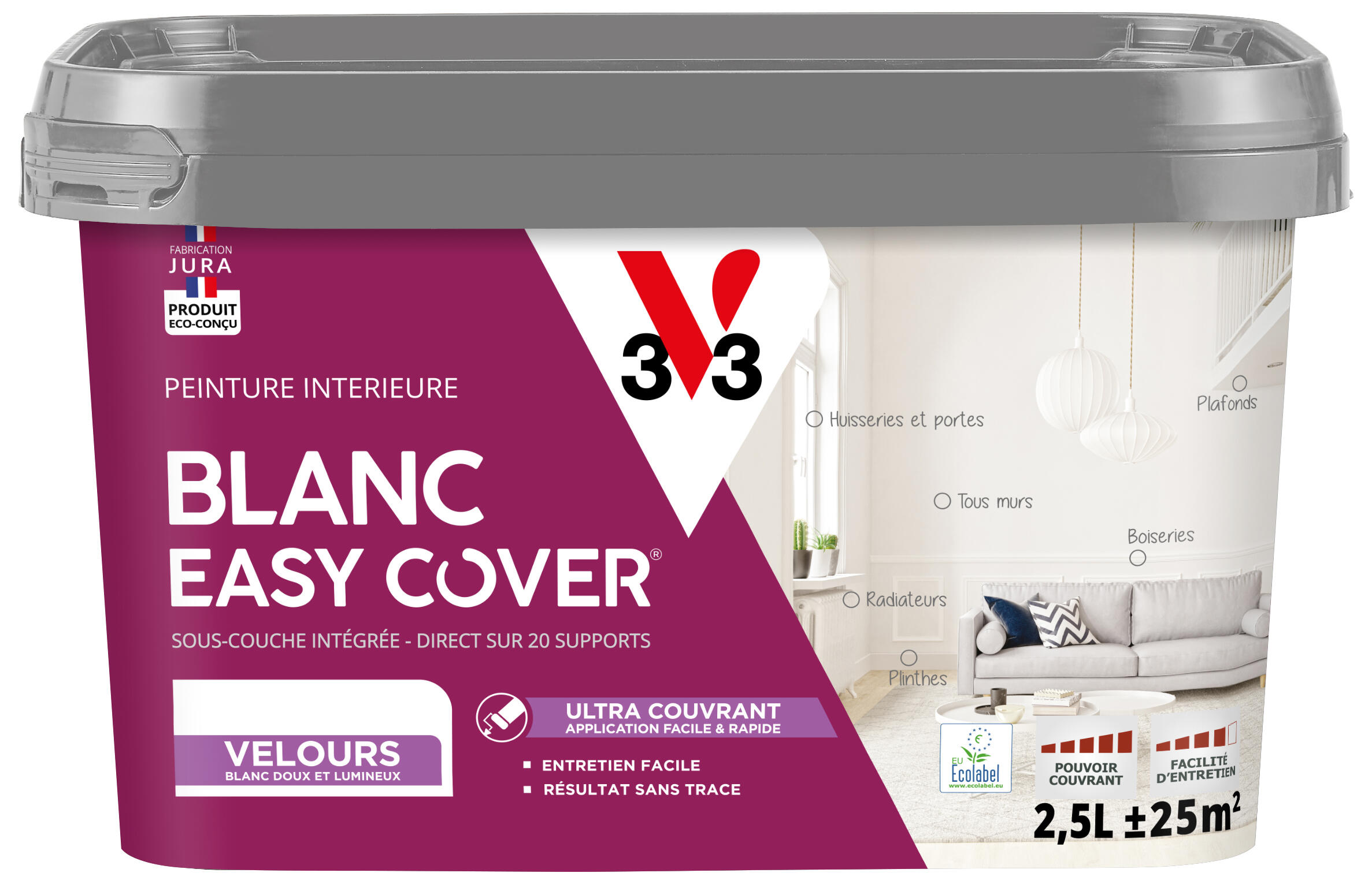 Peinture mur, plafond, boiserie blanc velours V33 Easy cover® 2.5L ...