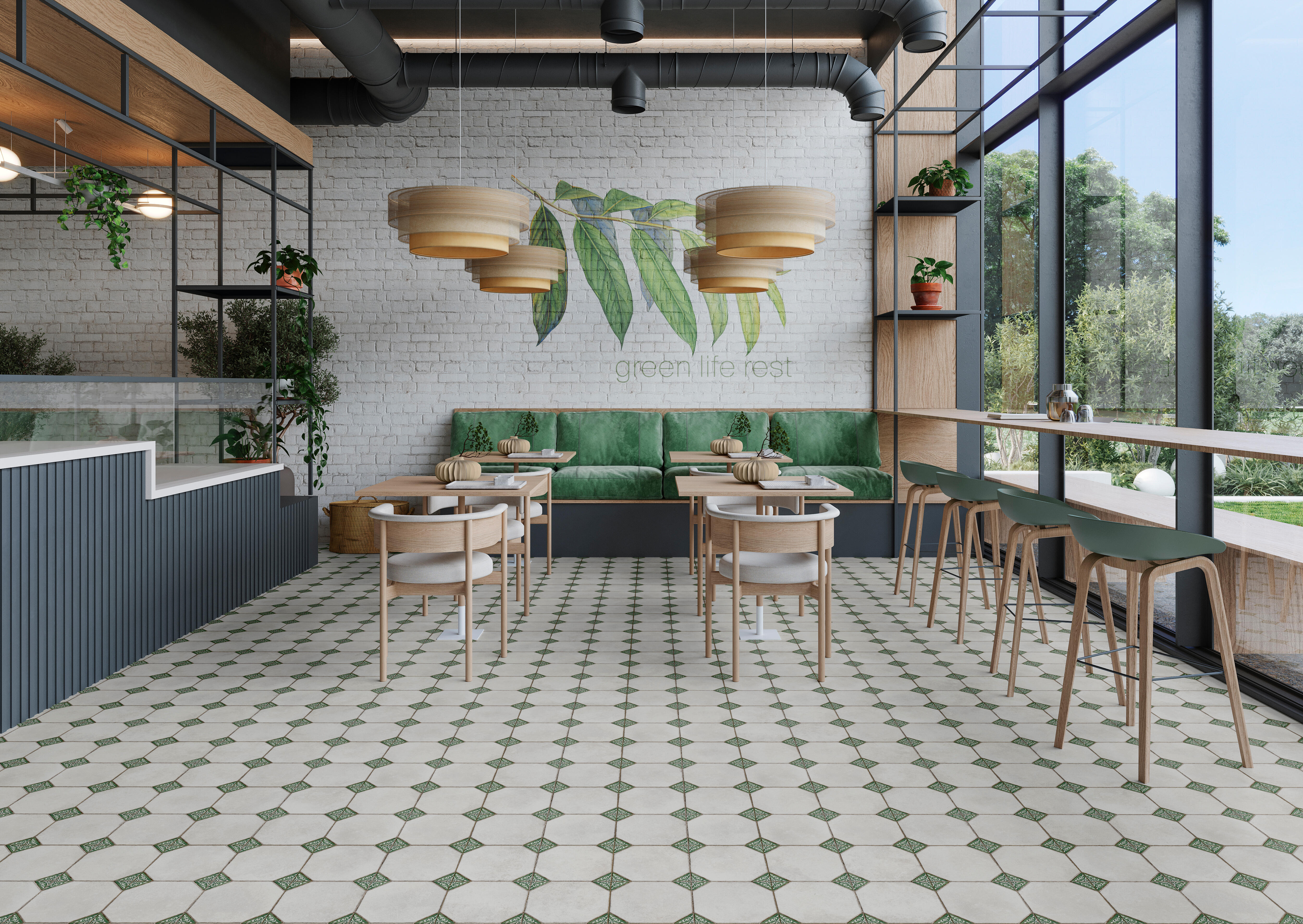 Suelo porcelánico Leeds Garden efecto hidráulico blanco y verde 33x33 ...