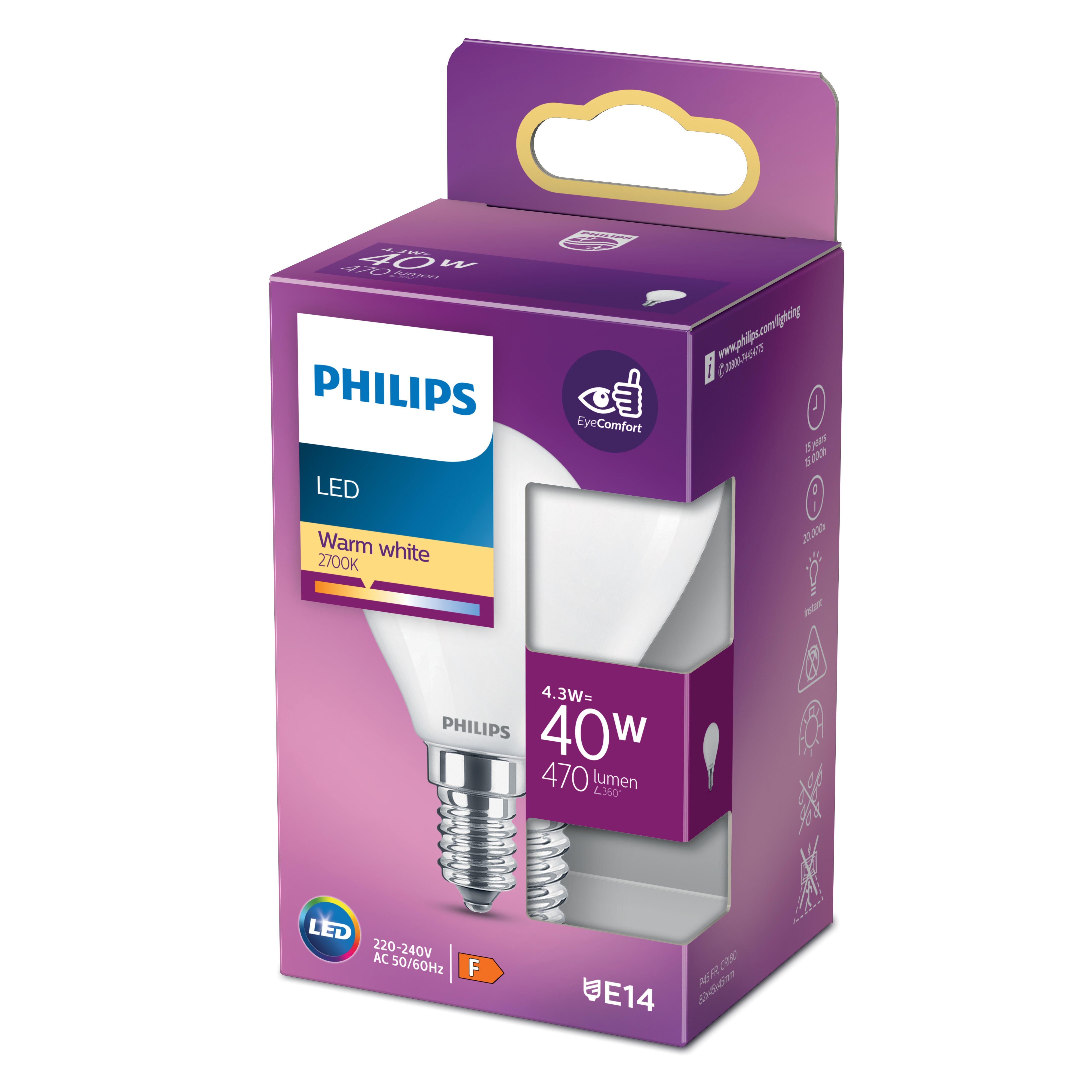 Lampadina LED, E14 oliva, smerigliato, 40W= (equiv 40 W), 360°, PHILIPS | Leroy Merlin