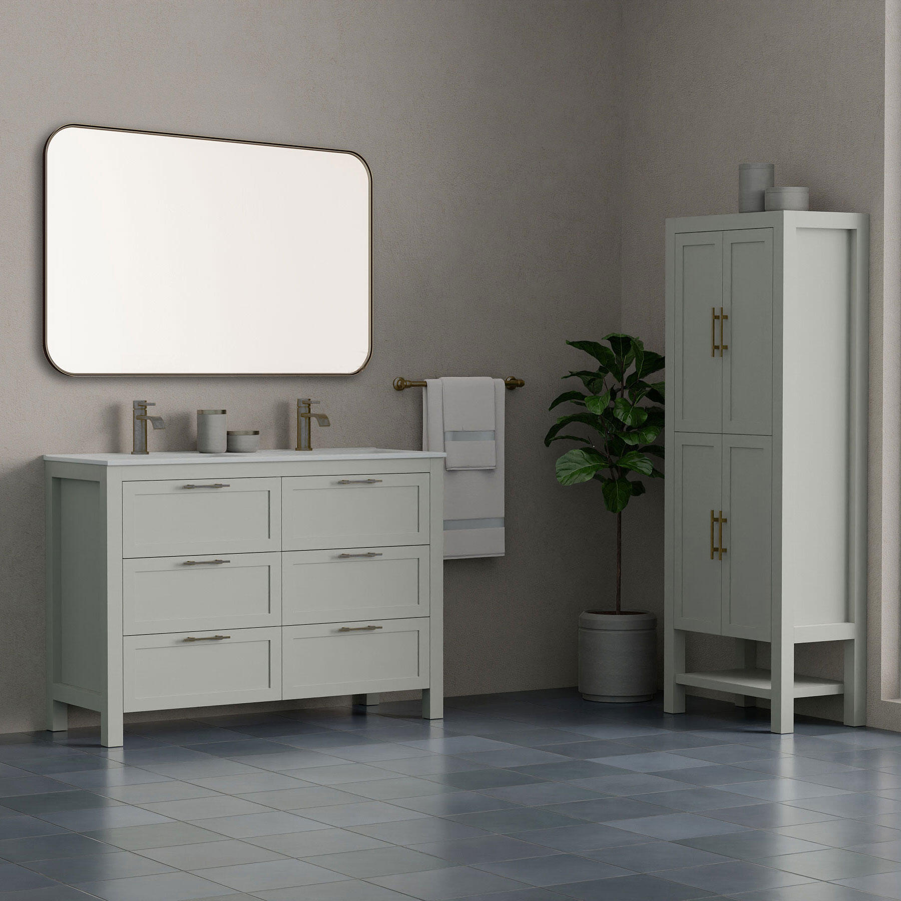 Meuble double vasque, 6t l.120 x H.85 x P.46 cm, gris clair argt, Kende ...