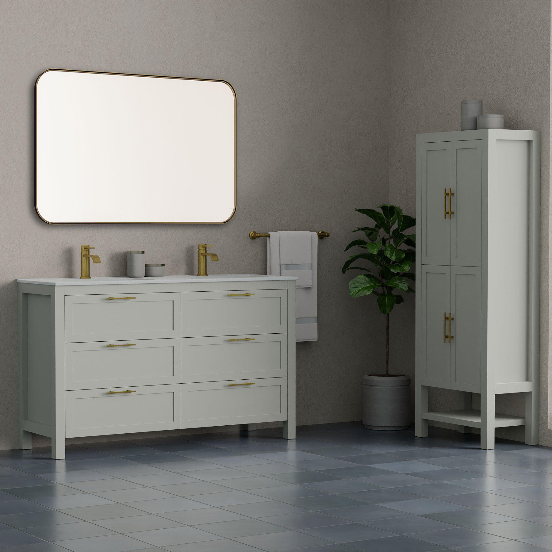 Meuble double vasque, 6t l.140 x H.85 x P.46 cm, gris clair doré, Kende ...