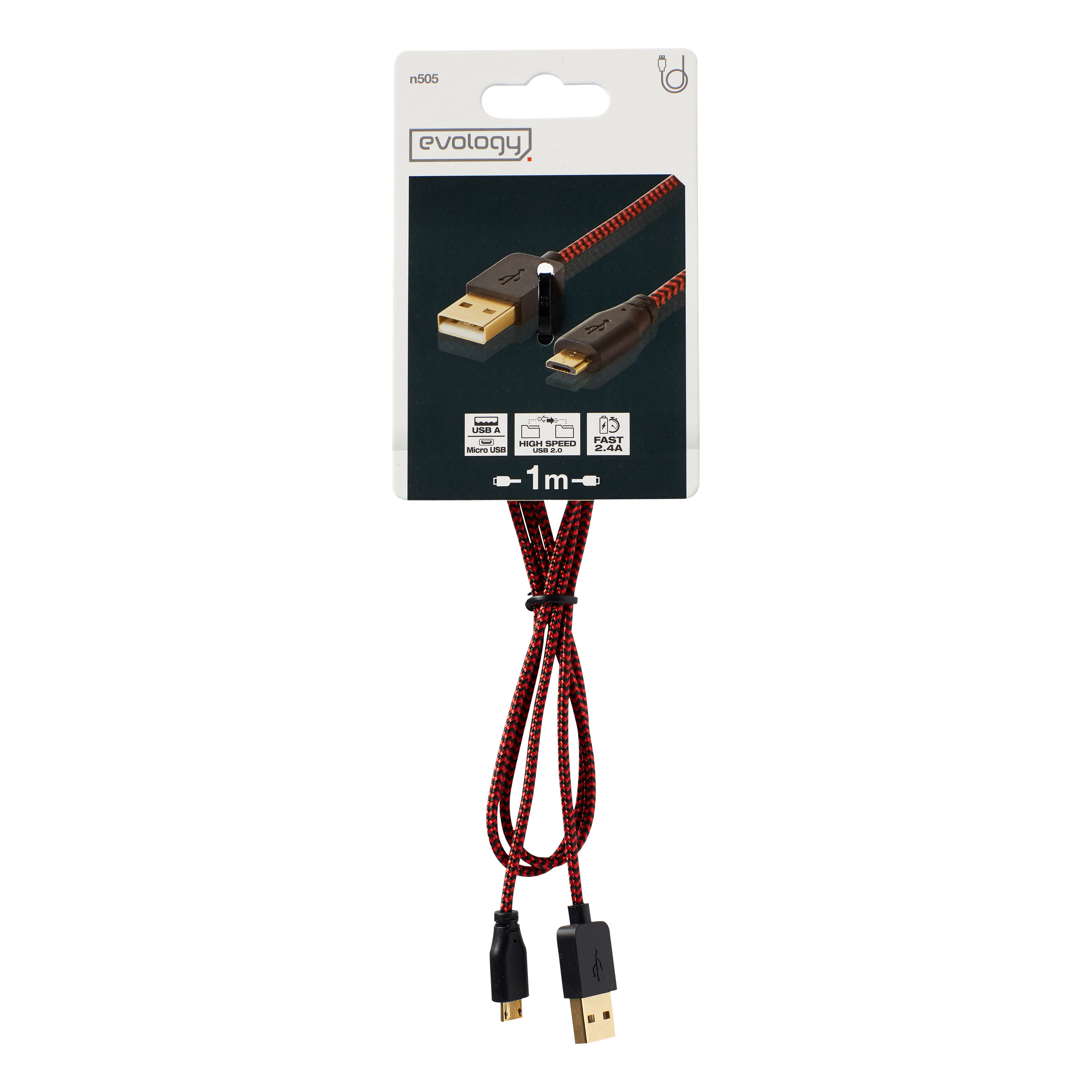 Câble textile chargeur micro usb, 1 m noir rouge EVOLOGY | Leroy Merlin