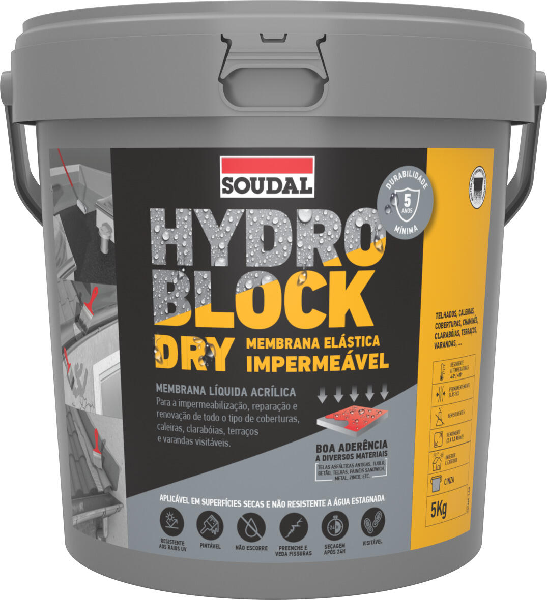 IMPERMEABILIZANTE NÃO FIBRADO HYDRO BLOCK DRY PARA TELHADOS SOUDAL 5KG CINZA | Obramat