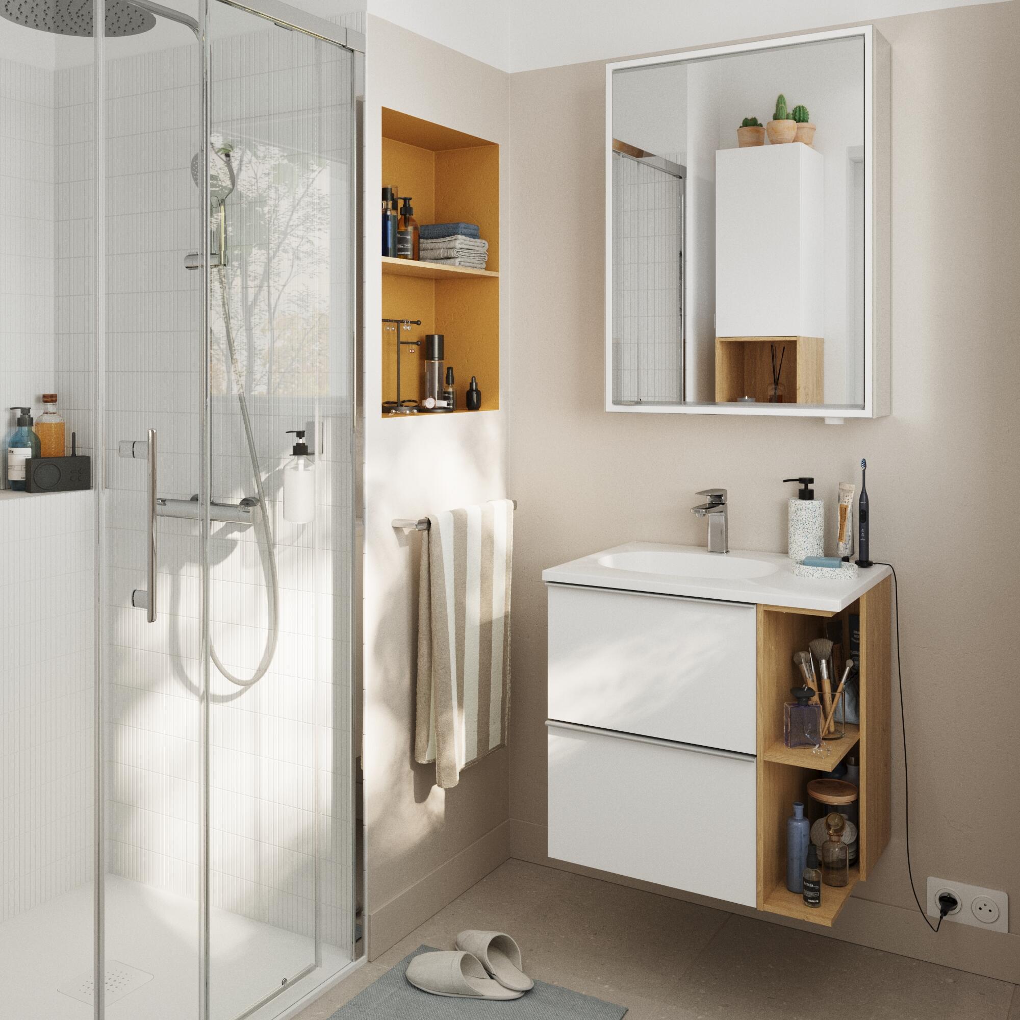 Meuble simple vasque, 2t l.60 x H.55 x P.45 cm, chêne miel/blanc mat ...