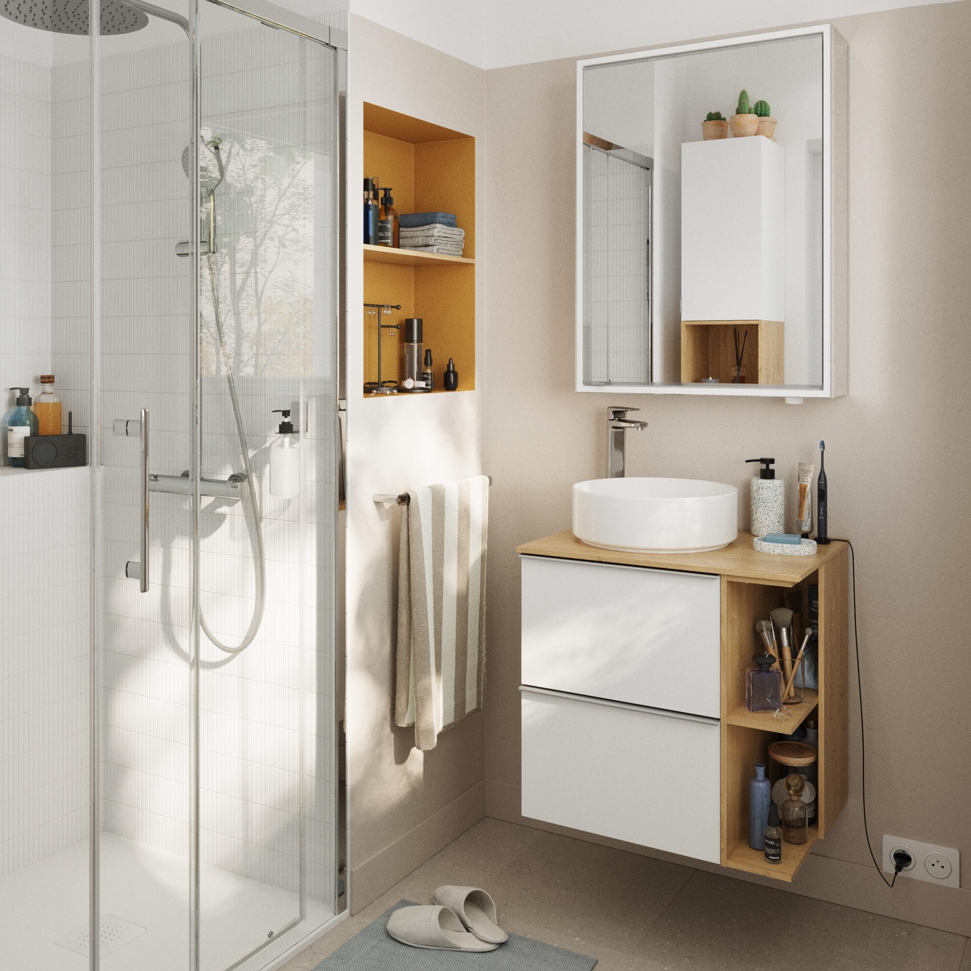 Meuble simple vasque, 2t l.60 x H.55 x P.45 cm, chêne miel/blanc mat ...