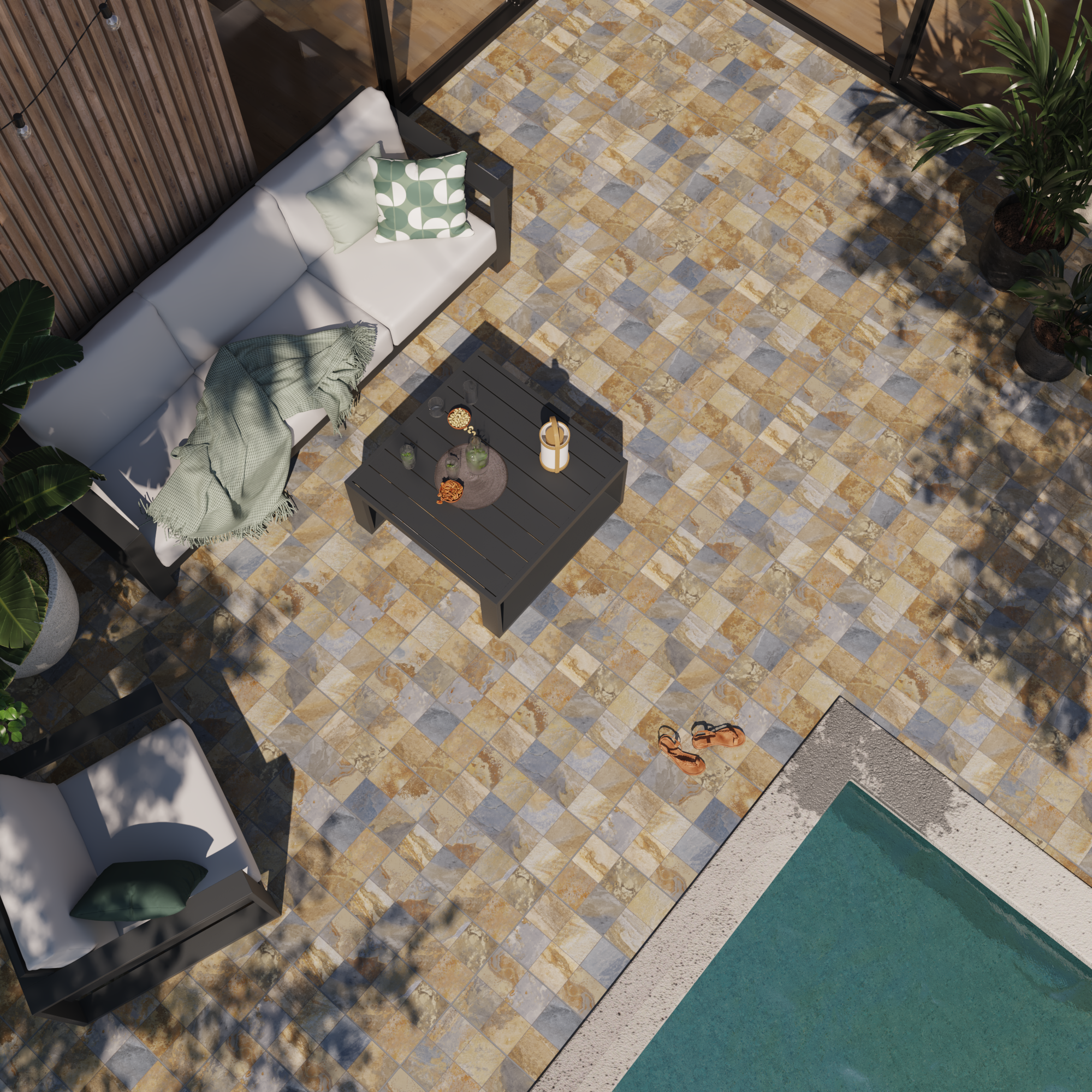 Suelo piscina porcelánico Alcan efecto piedra mix 30x60 cm C3 ARTENS ...