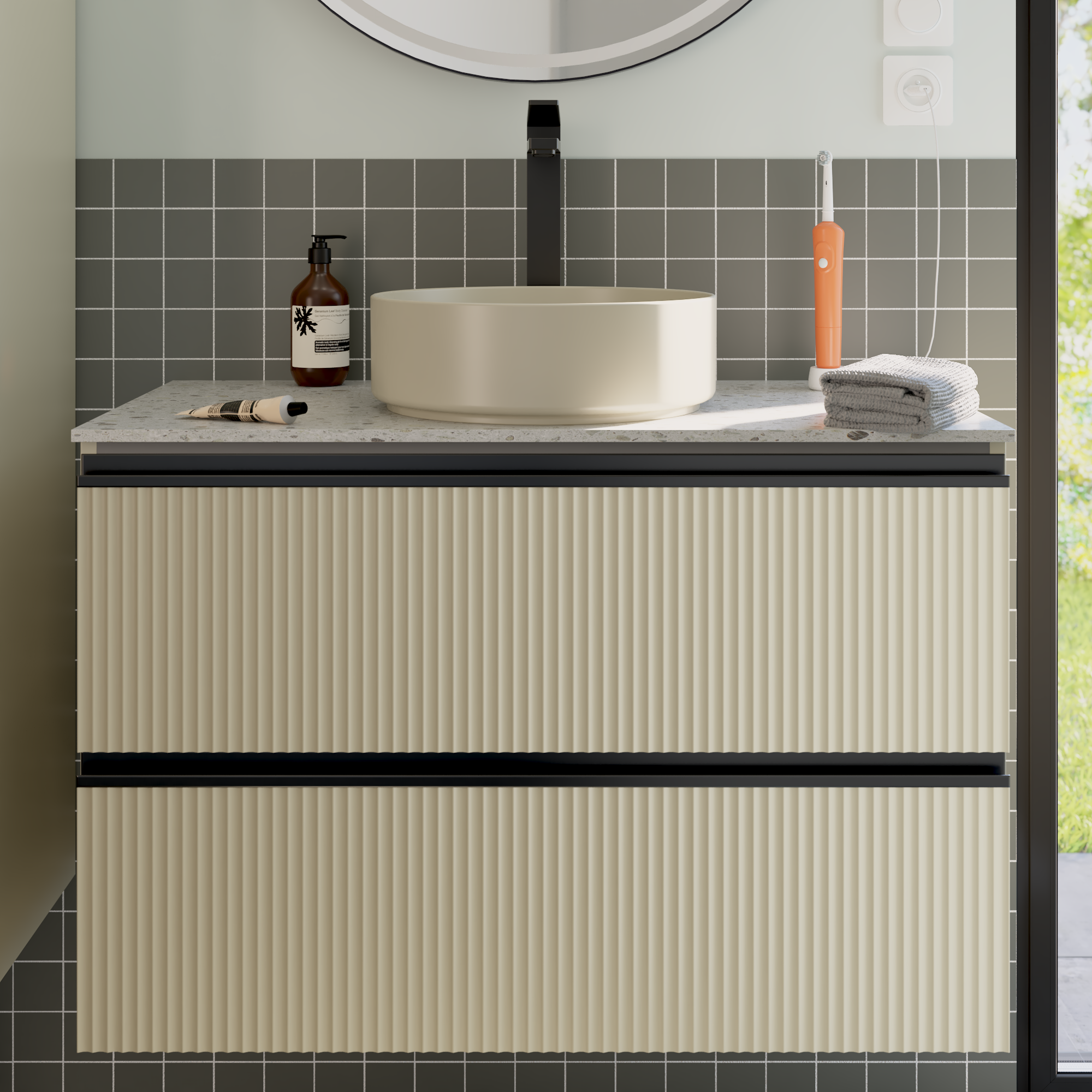 Meuble simple vasque, 2t l.90 x H.58 x P.48.1 cm, beige rainuré, Studio ...