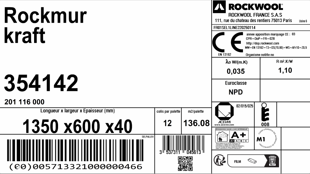 14 Panneaux de laine de roche ROCKWOOL Rockmur kraft, Ep.40mm, 1.35x0.6m | Leroy Merlin