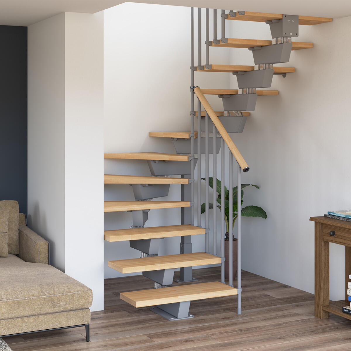 Escalera de 2/4 de giro Vida de acero y madera color gris de 313x65cm ...