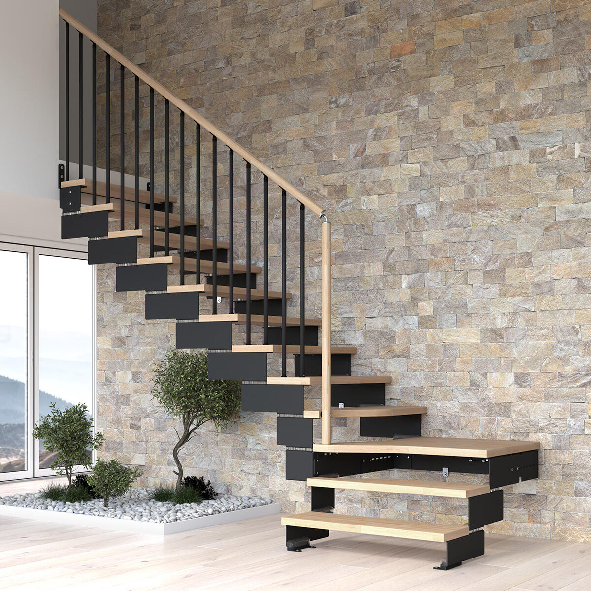 Escalera en 1/4 de giro Gala de acero y madera color gris de 318x84cm ...