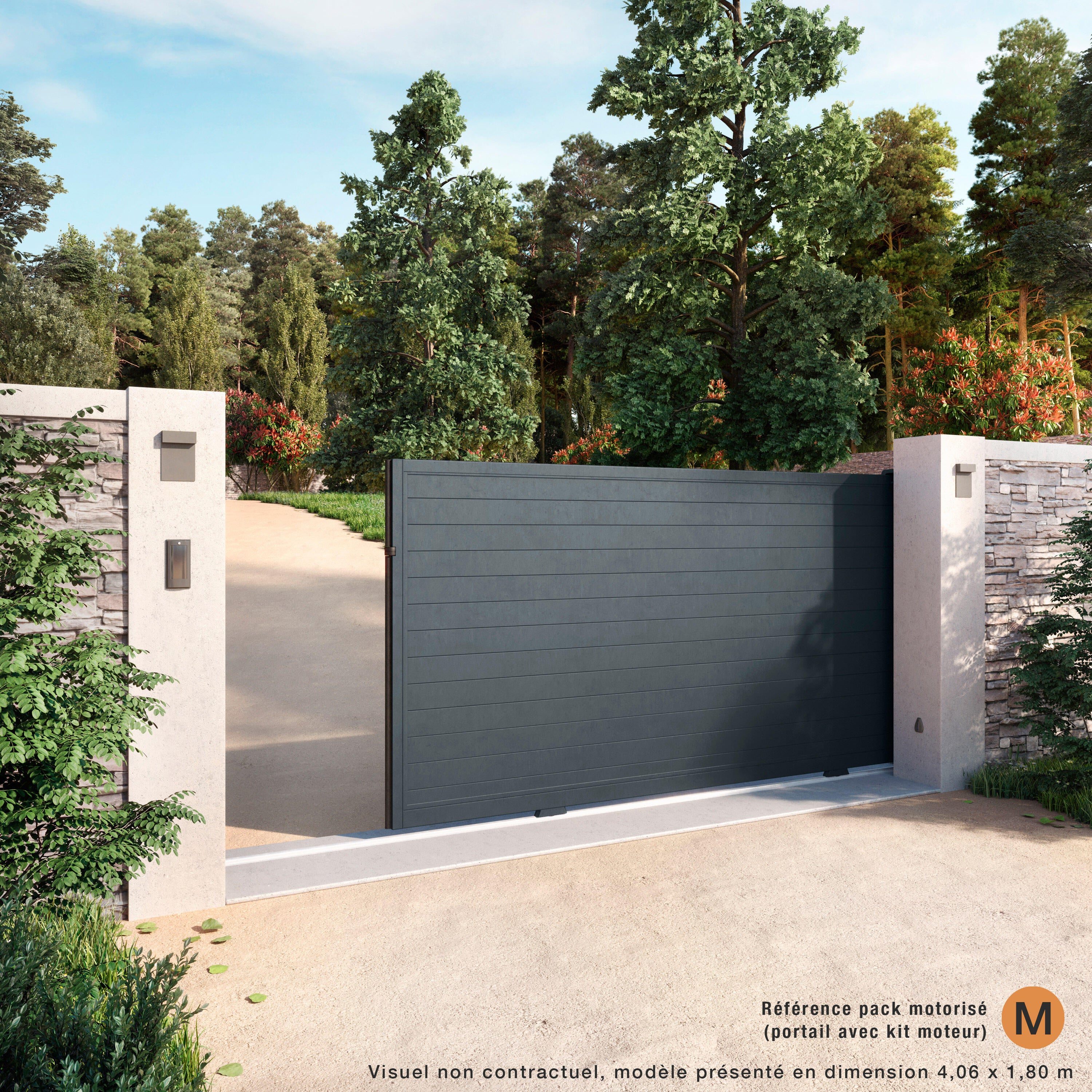 Portail coulissant motorisé alu Valmont gris, l.350 cm x H.147 cm | Leroy Merlin