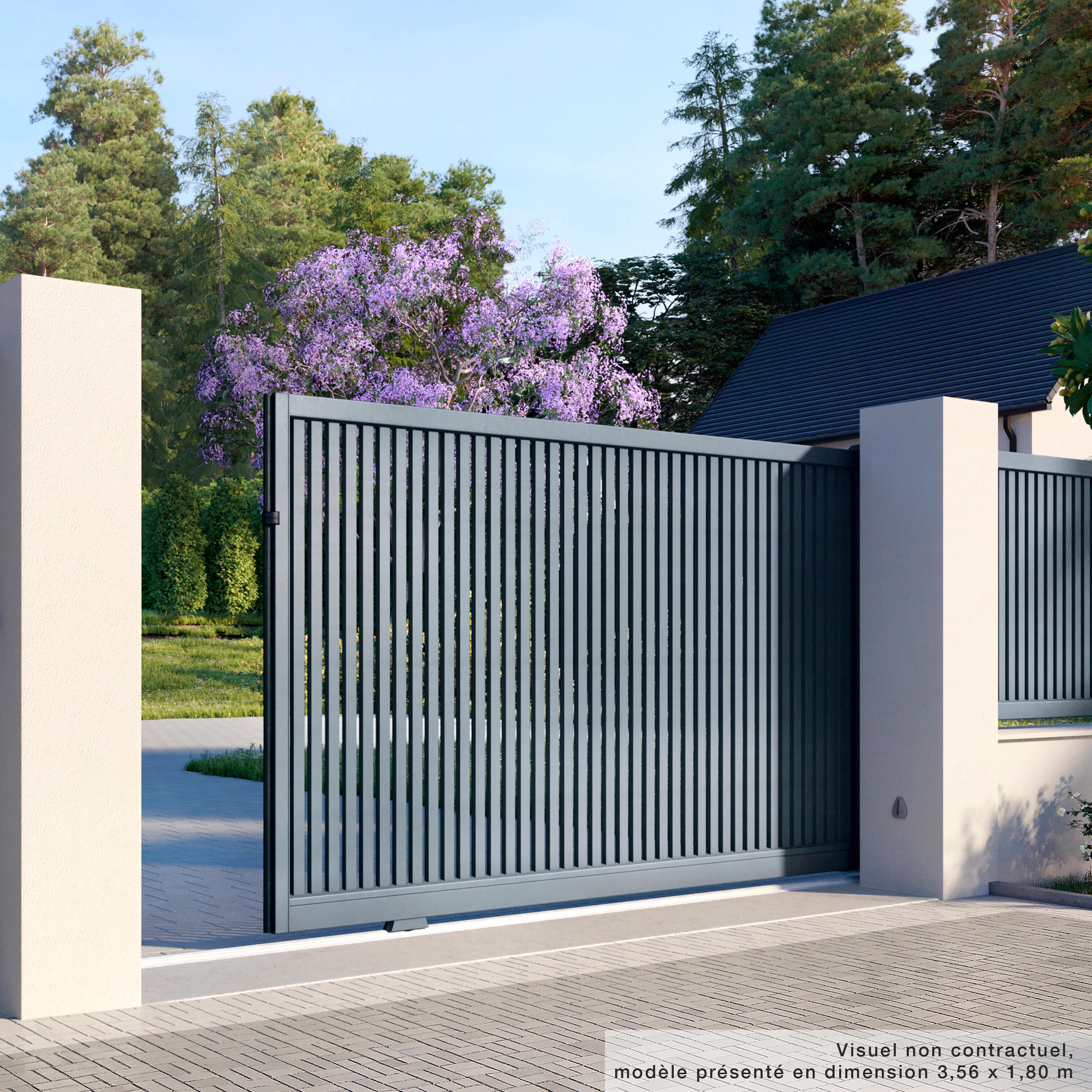 Coulissant alu Lubéria Gris 7040, GRANVAL, l.356 x h.147cm. Ouv. vers ...