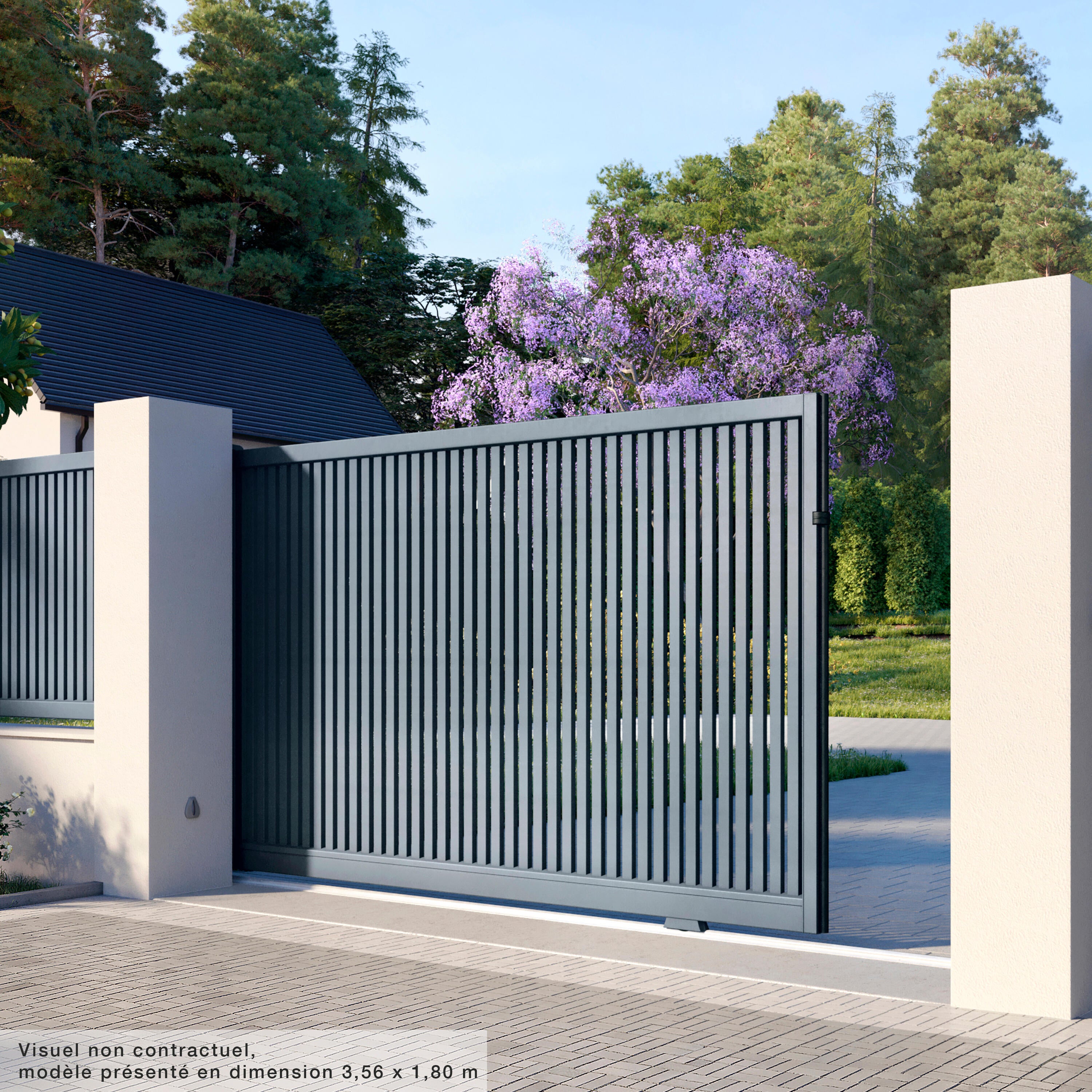 Coulissant alu Lubéria Gris 7040, GRANVAL, l.406 x h.180cm. Ouv. vers ...