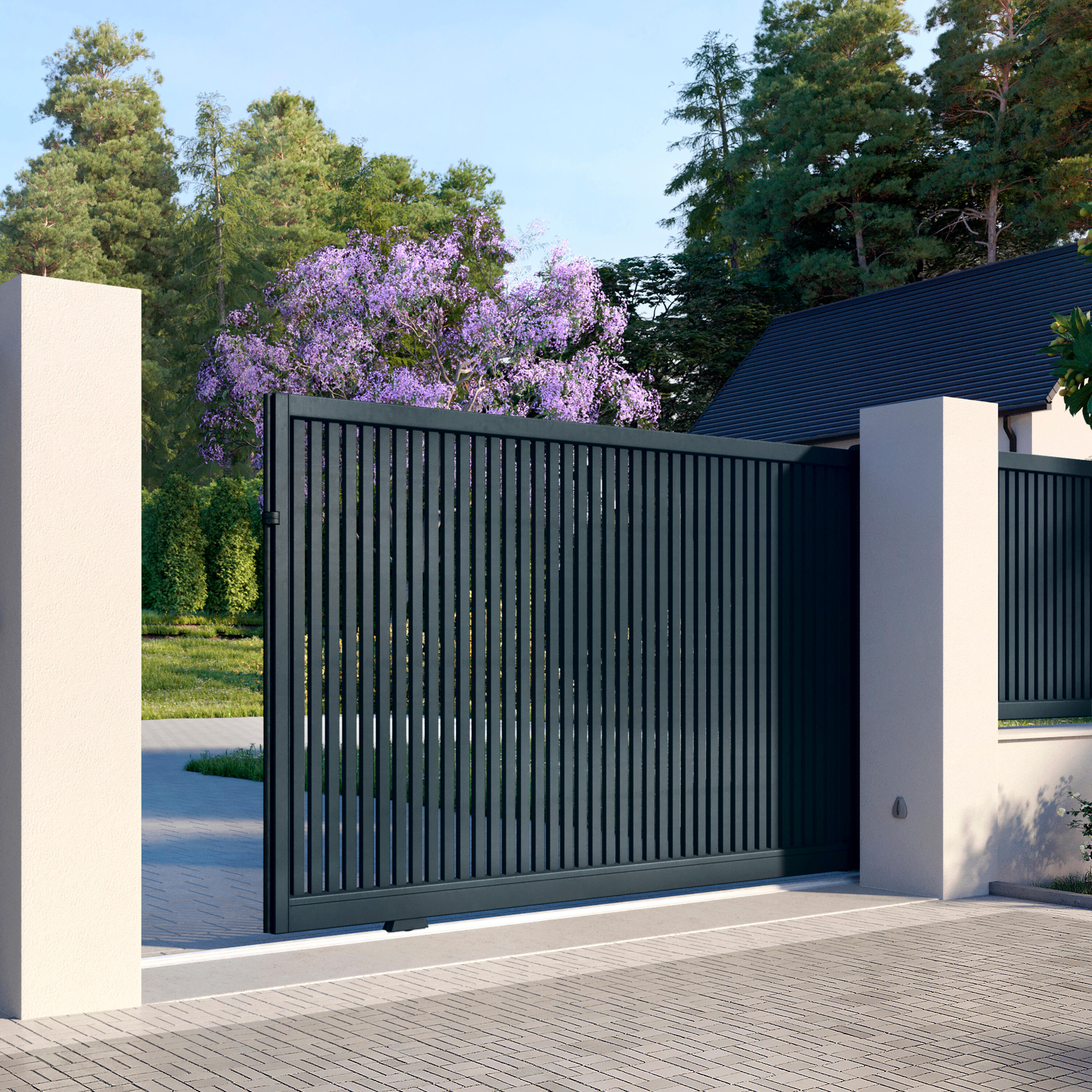 Coulissant alu Lubéria Gris 7016, GRANVAL, l.356 x h.180cm. Ouv. vers ...